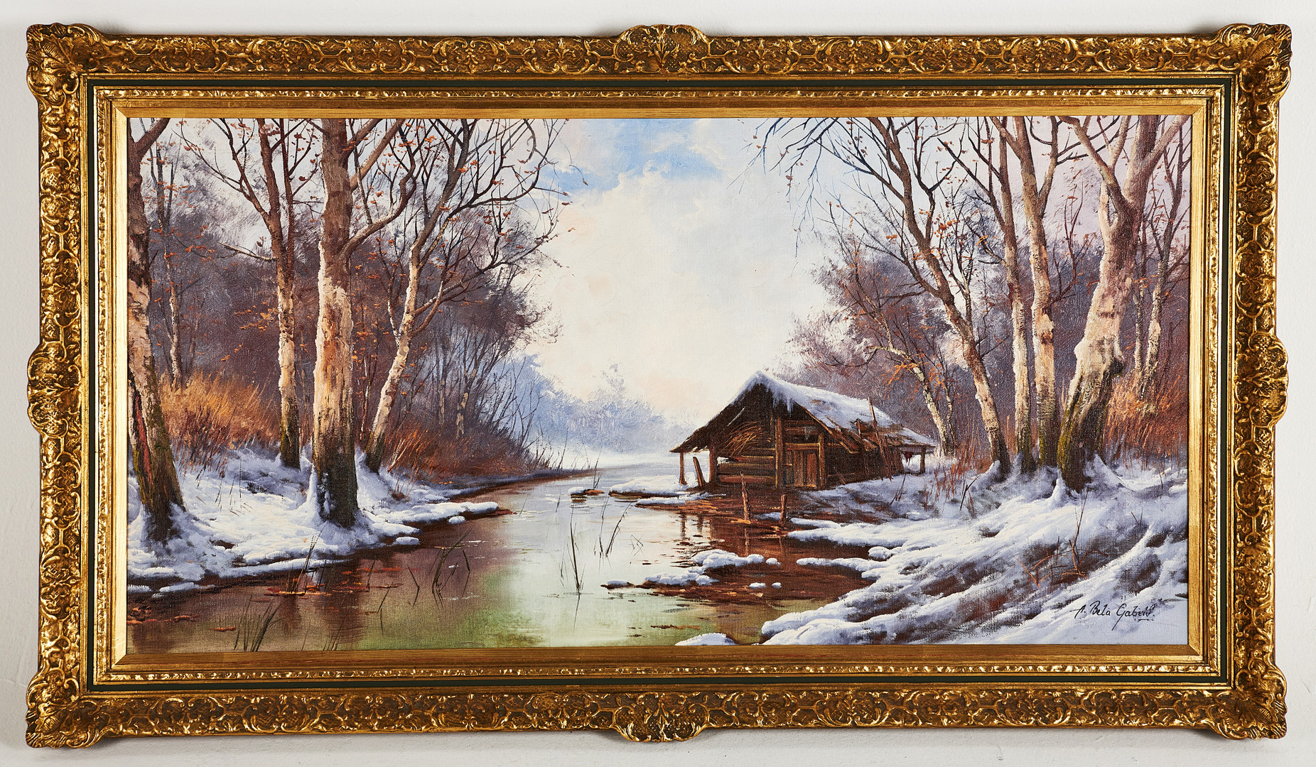 Bilder för 2464170. BELA GABRIS. Vintermotiv med stuga vid bäck ...