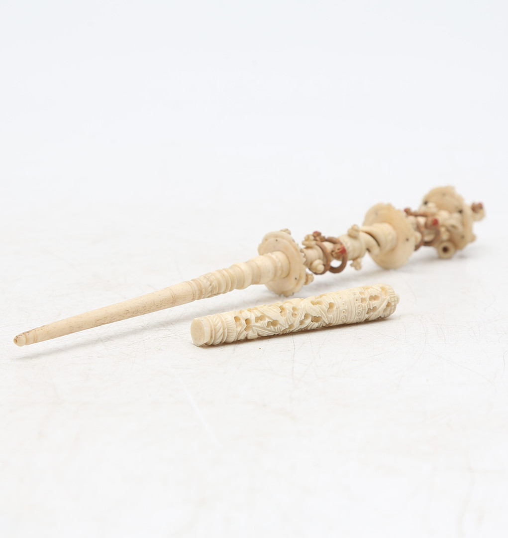 Images for 2505423. Turned bone spindle and pincushion, early 20th ...