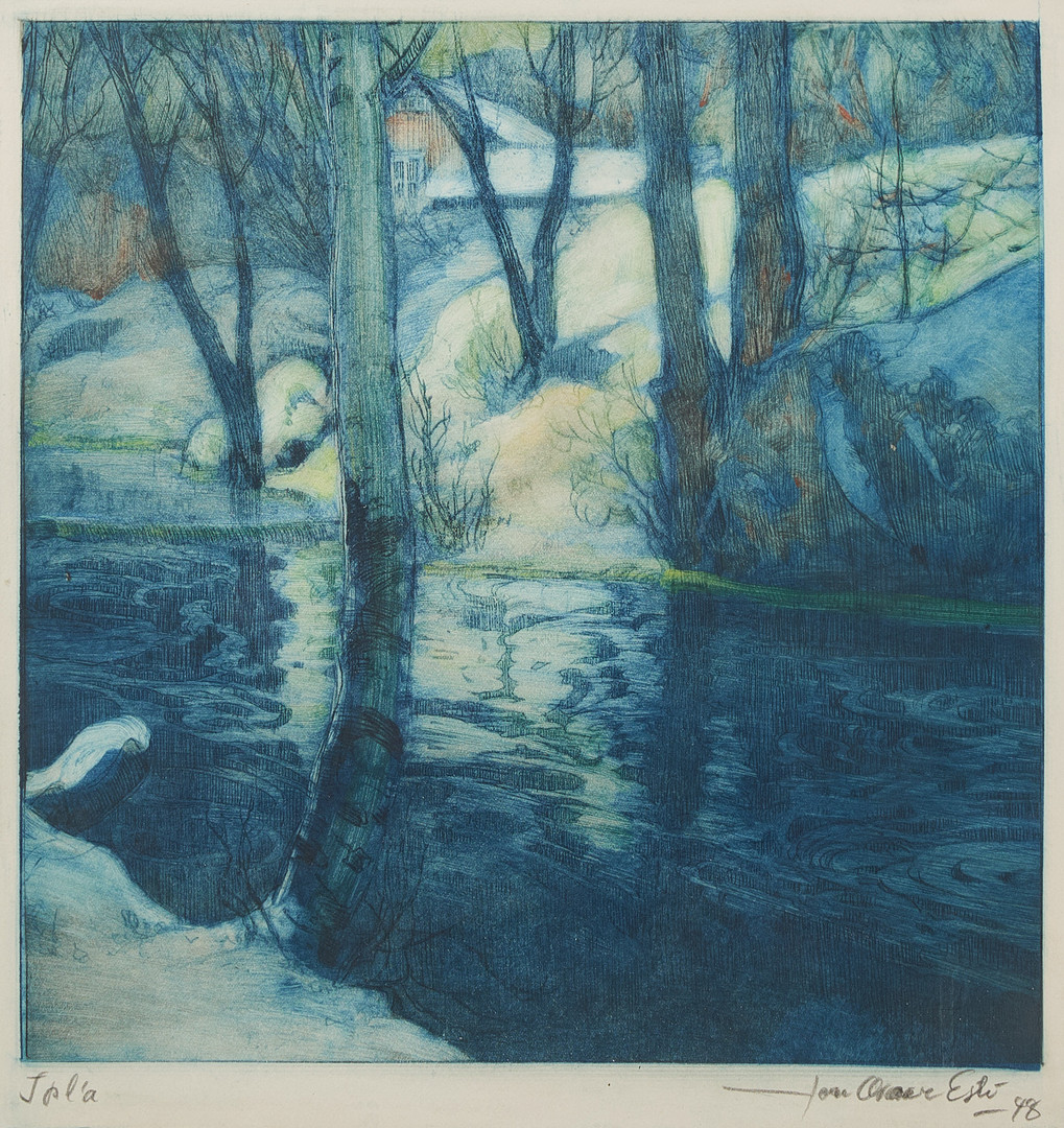 JON OSCAR ESTI. Vårvinter, signerad samt daterad -48, mjukgrundsetsning ...