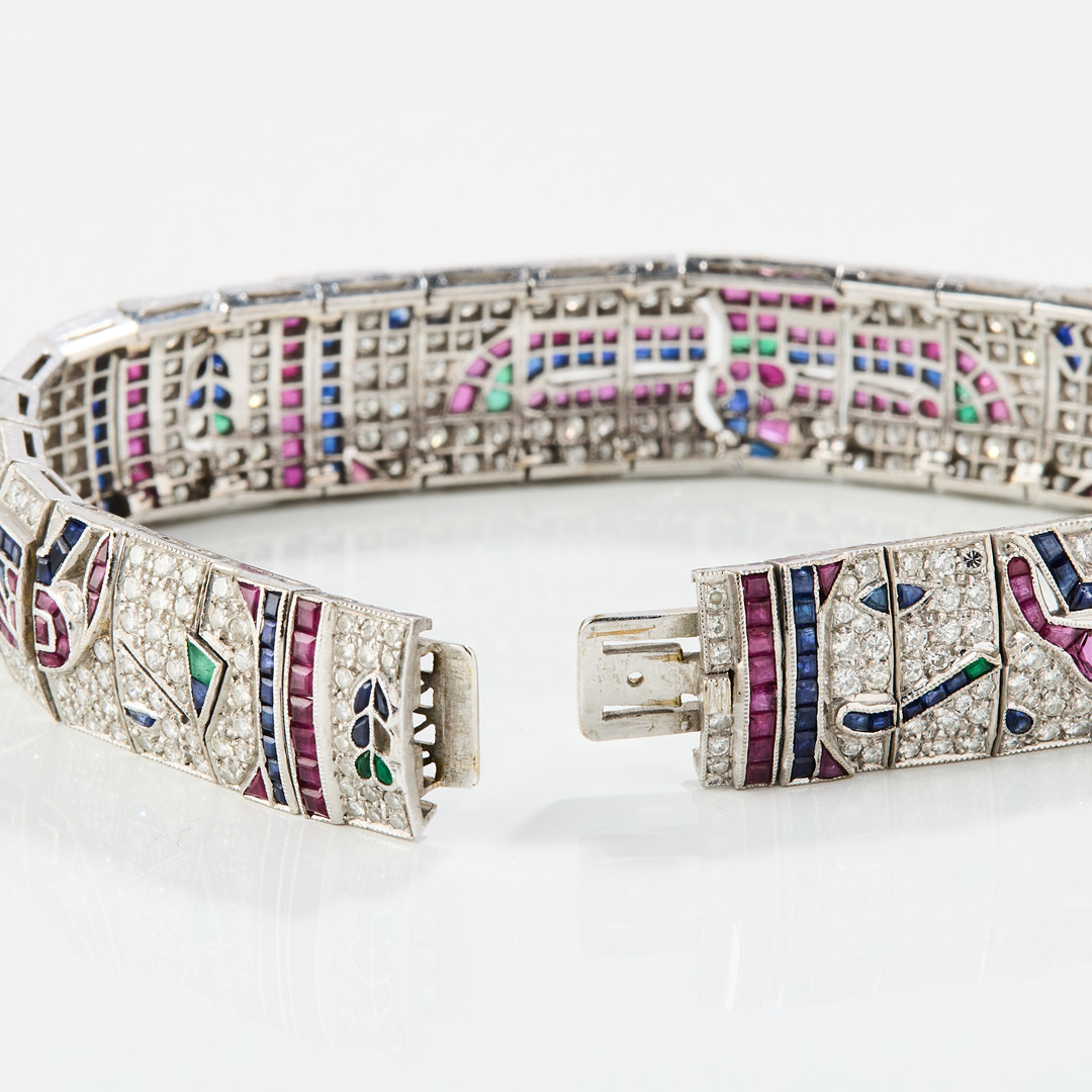 BRACELET, platinum with multi-coloured stones and diamonds, Egyptian ...