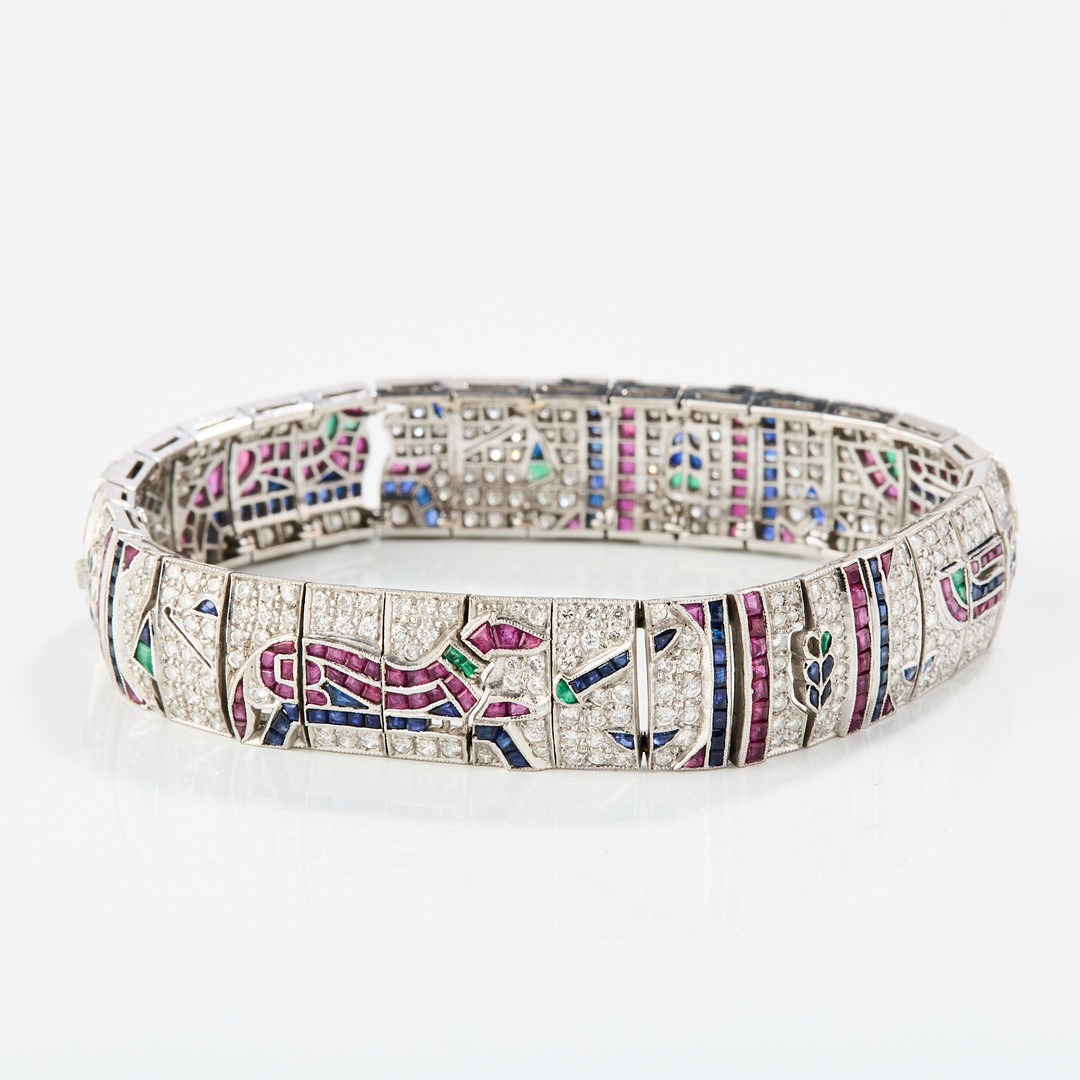BRACELET, platinum with multi-coloured stones and diamonds, Egyptian ...