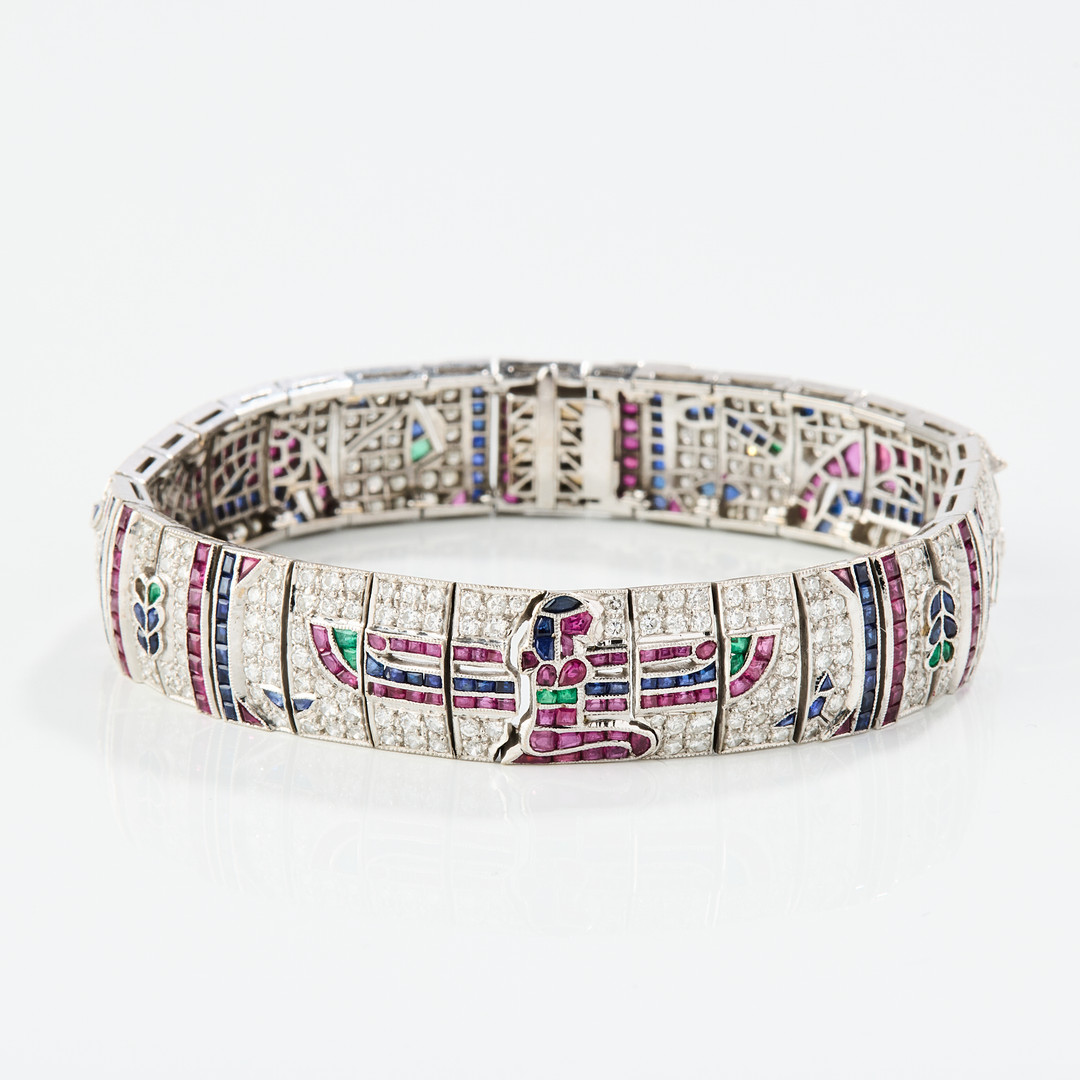 BRACELET, platinum with multi-coloured stones and diamonds, Egyptian ...