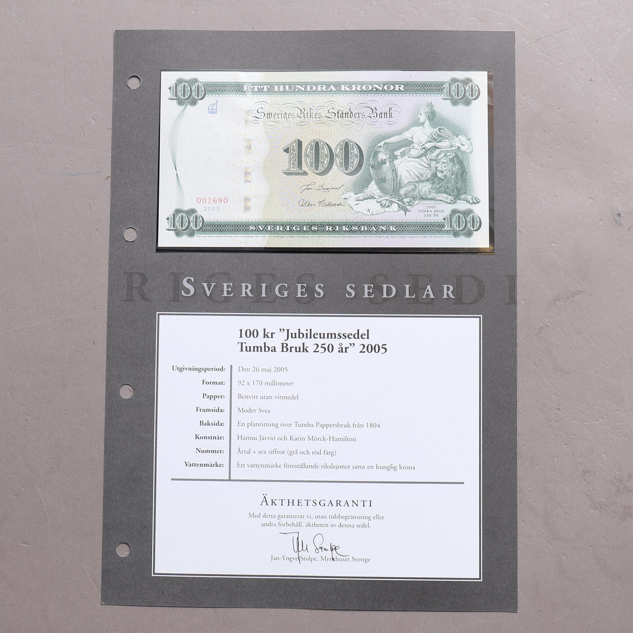 SEDEL, 100 kr Jubileumssedel Tumba bruk 250 år. Mynt, Medaljer ...