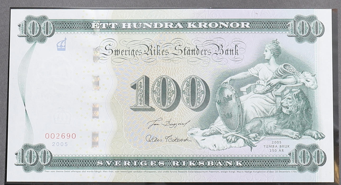 SEDEL, 100 kr Jubileumssedel Tumba bruk 250 år. Mynt, Medaljer ...