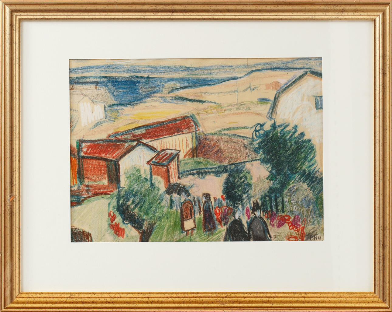 BERTA HANSSON. Kustlandskap med hus och figurer, pastell, signerad ...