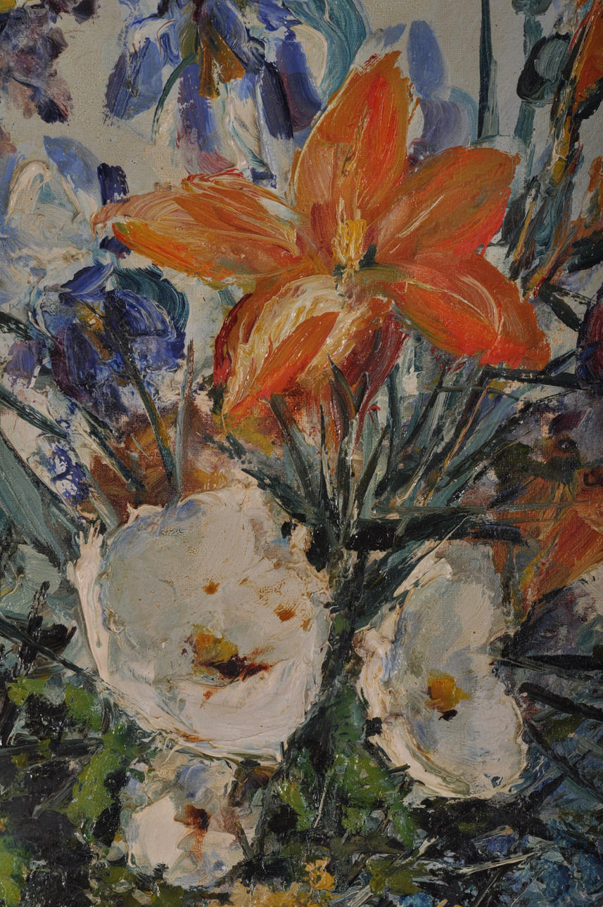 KURT FEIL-STÖVER. Üppiger Blumenstrauß in Bauernvase. Blumenstillleben ...