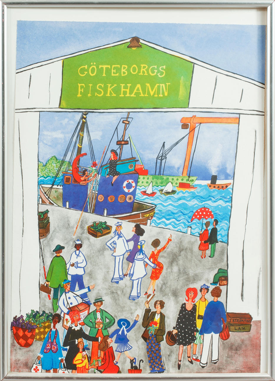 MONICA LANG. Gothenburg's Fiskhamn, color lithograph, signed and ...