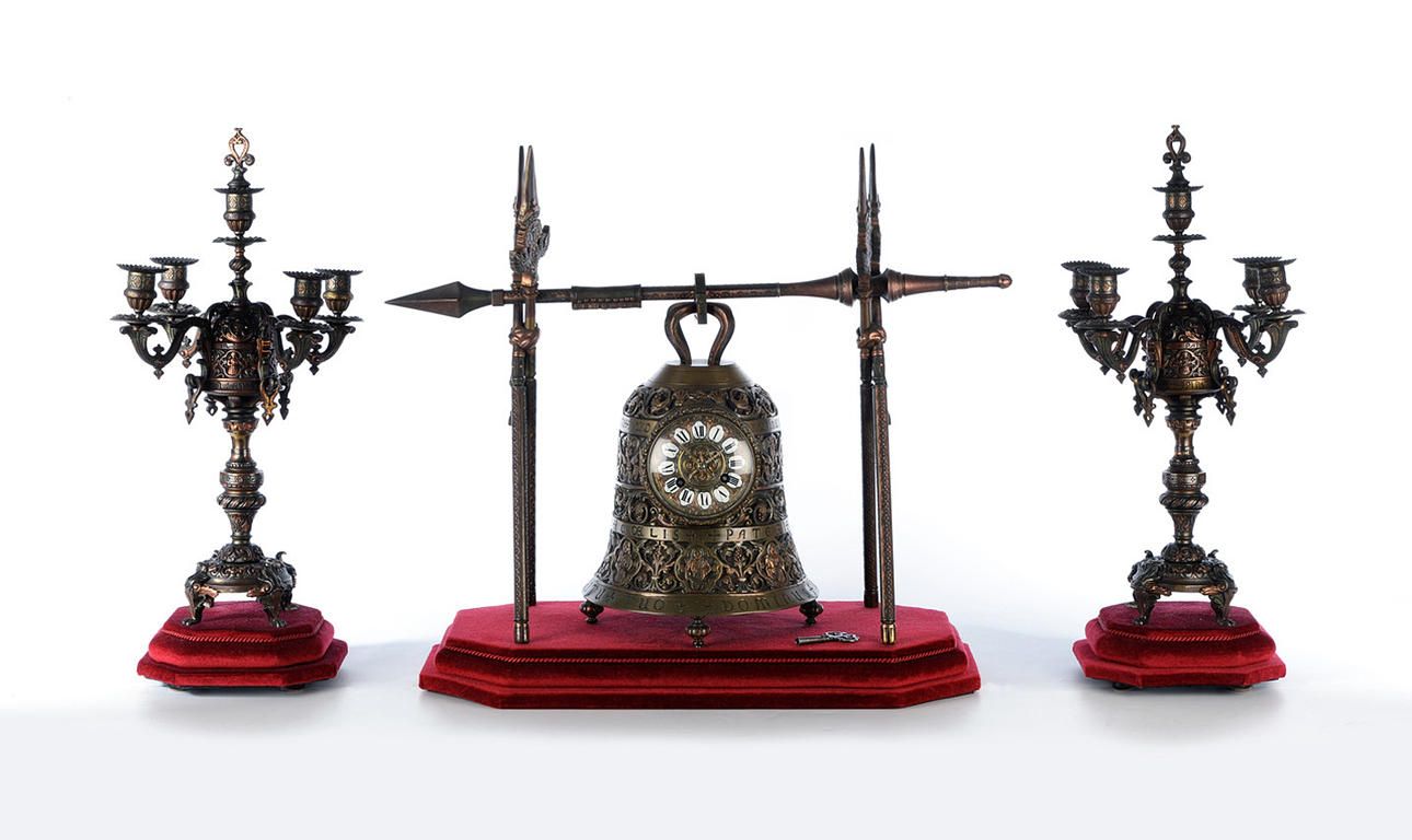 ADOLPHE MOUGIN. Mantel clock, antiqued bell shape with 5-flame ...