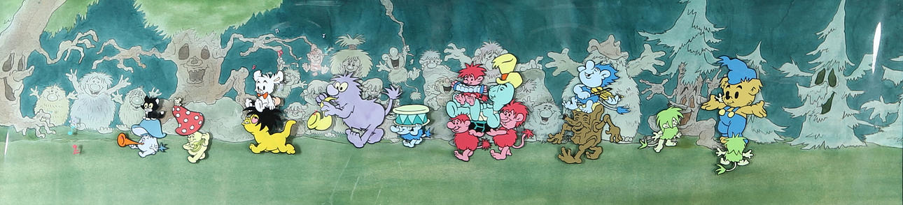 BAMSE I TROLLSKOGEN, handmålad filmcell, 1991. Övrigt - Övrigt - Auctionet