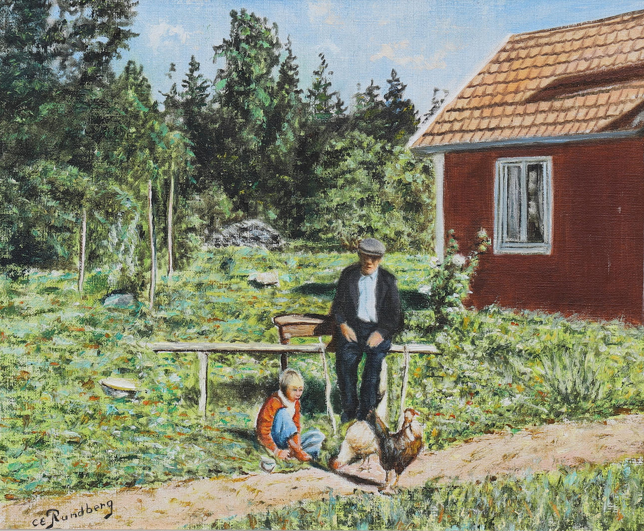 CARL-ERIC RUNDBERG. olja på duk, figurscen med höns, signerad CE ...