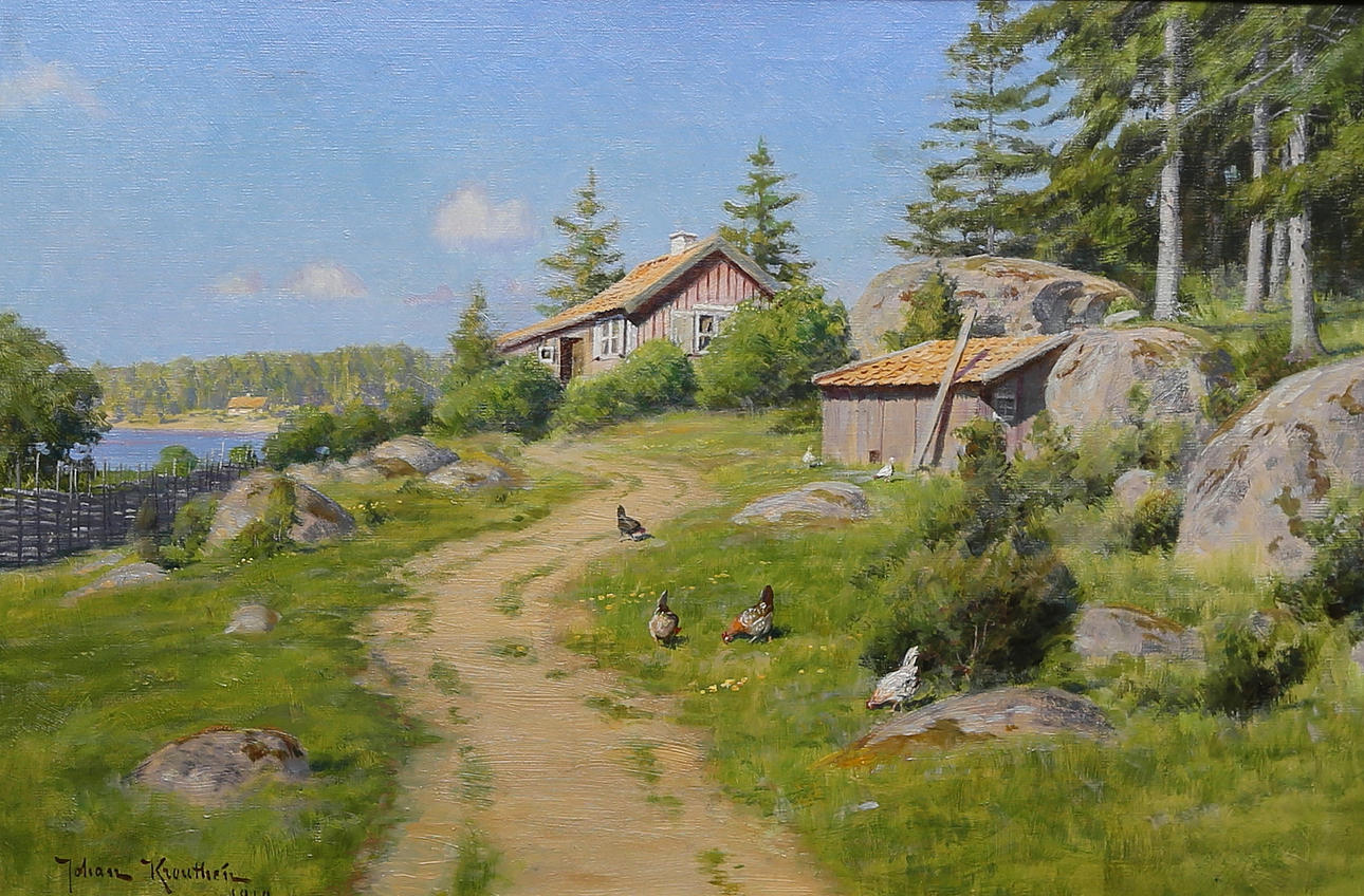 JOHAN KROUTHÉN. Summer landscape with chickens, cottages and lake. Oil ...