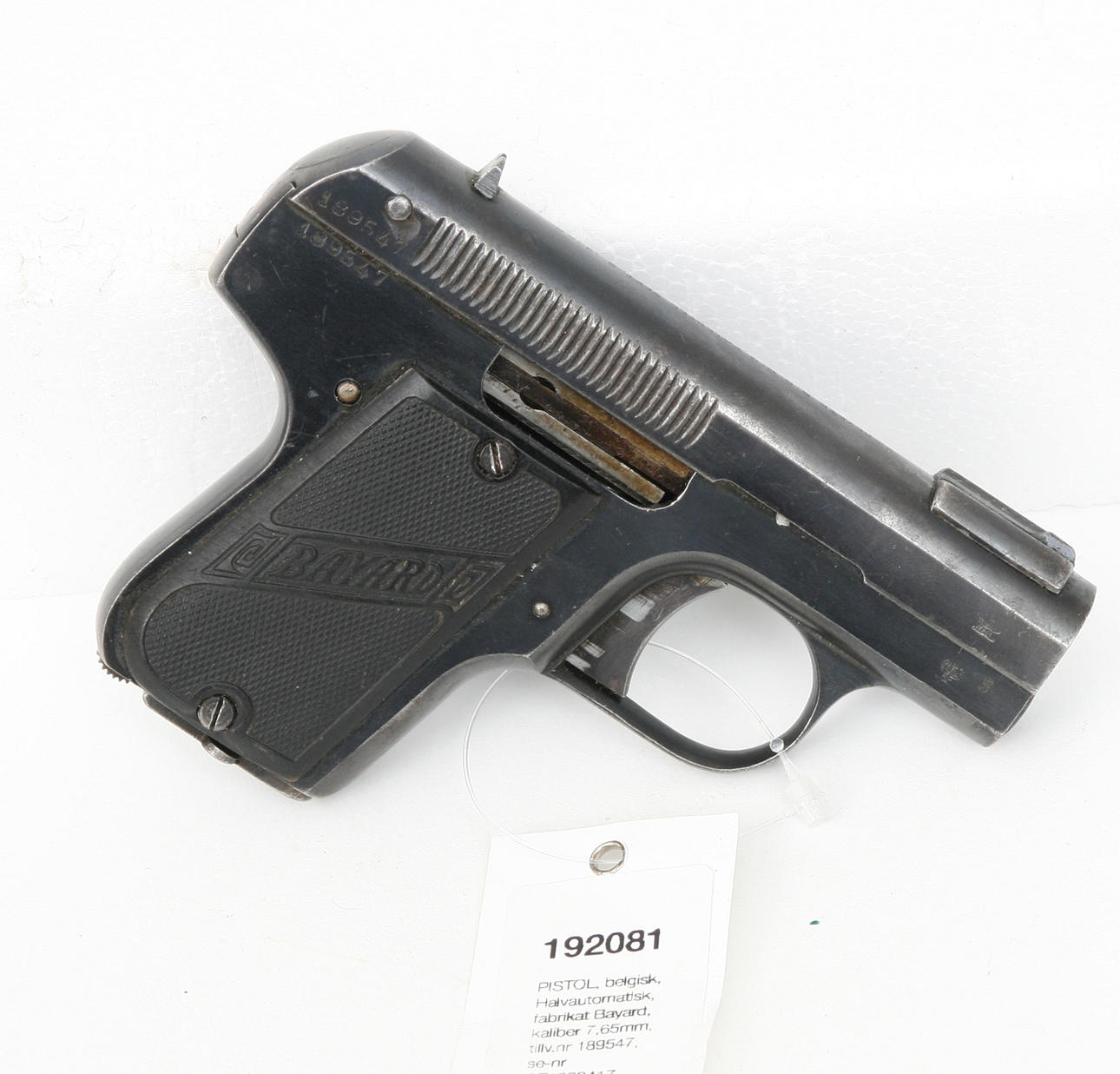 (329) PISTOL, belgisk, Halvautomatisk, fabrikat Bayard, kaliber 7,65mm ...