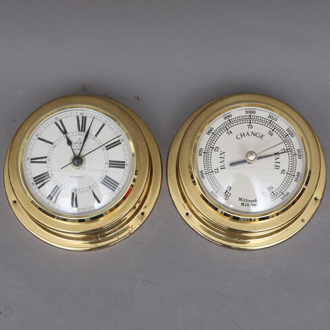 BAROMETER & CLOCK, brass colored metal, Pilot marine. Collectables ...