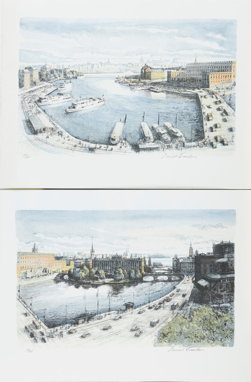 DAVID BRACKEN. 2 st motiv över Stockholm, färglitografier, signerad och ...