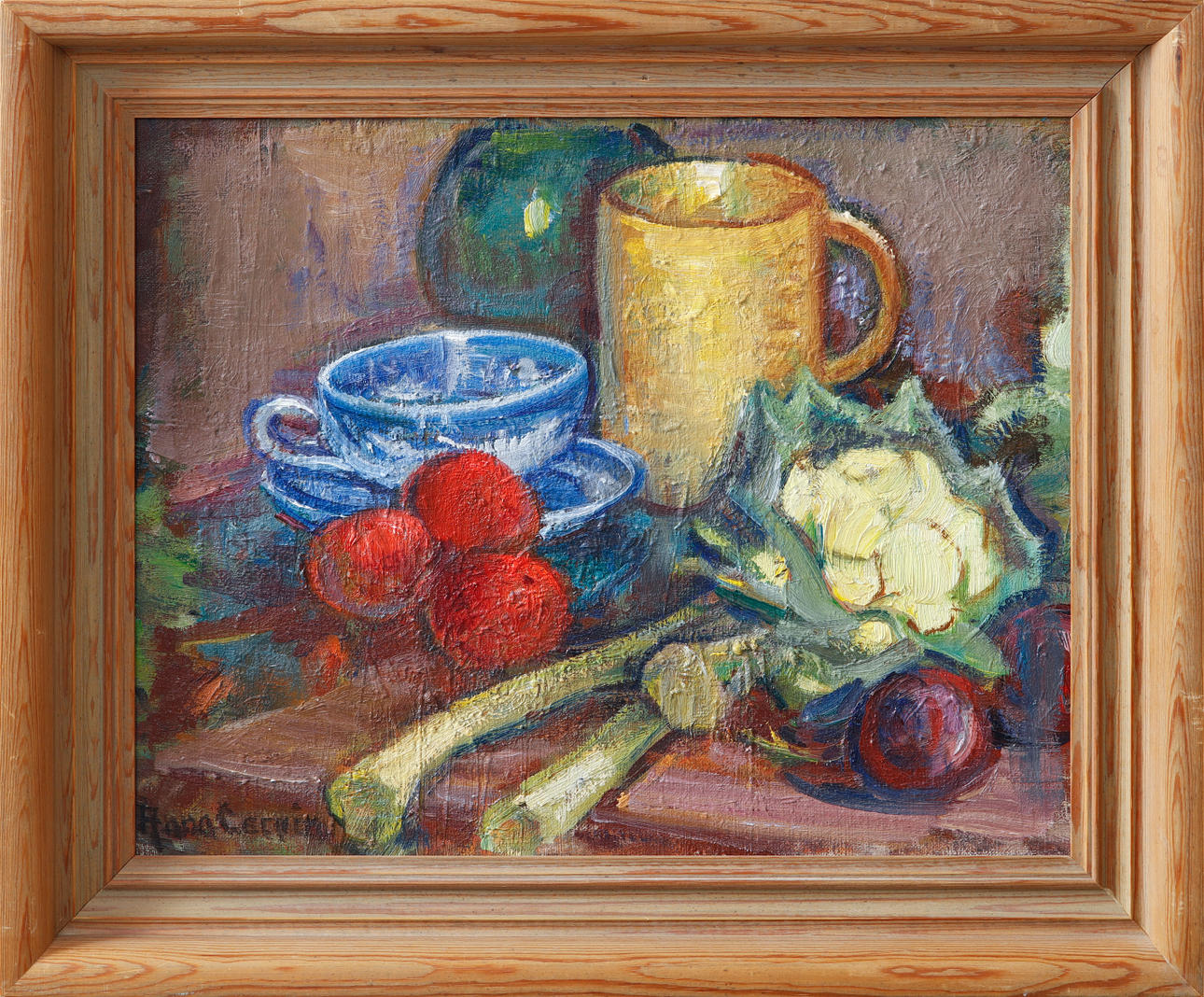 ANNA CERVIN. Stilleben med kopp, mugg och grönsaker. Olja på duk ...