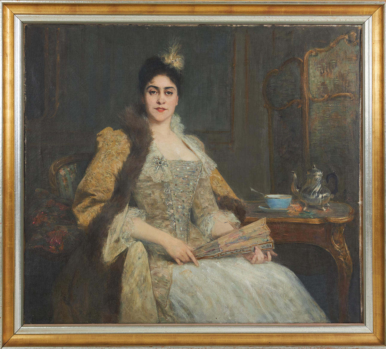 JACQUES FERDINAND HUMBERT (1842-1934). Portrait of a woman with a fan ...