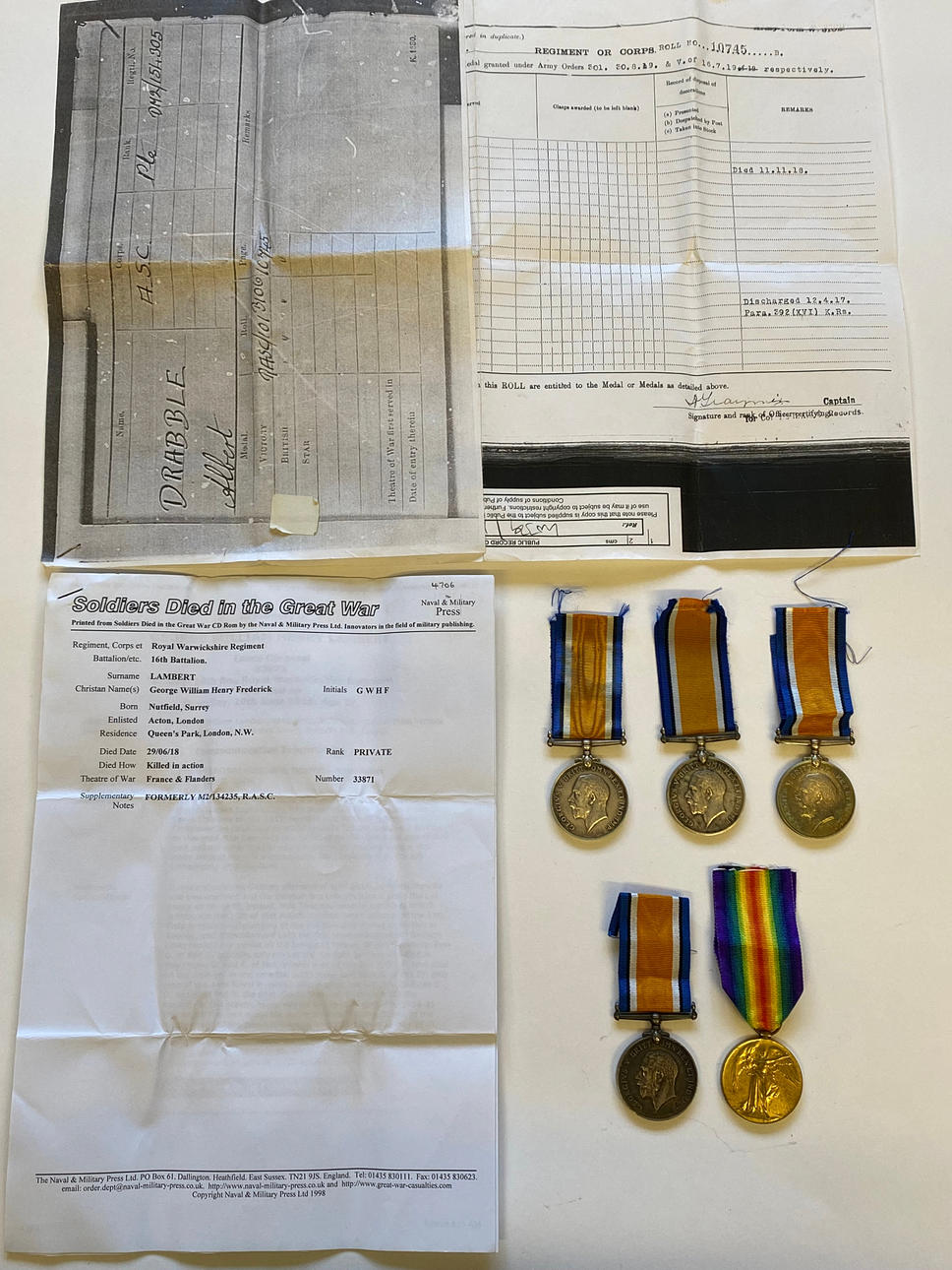 A FIRST WORLD WAR PAIR AND THREE WAR MEDALS TO ARMY SERVICE CORPS ...