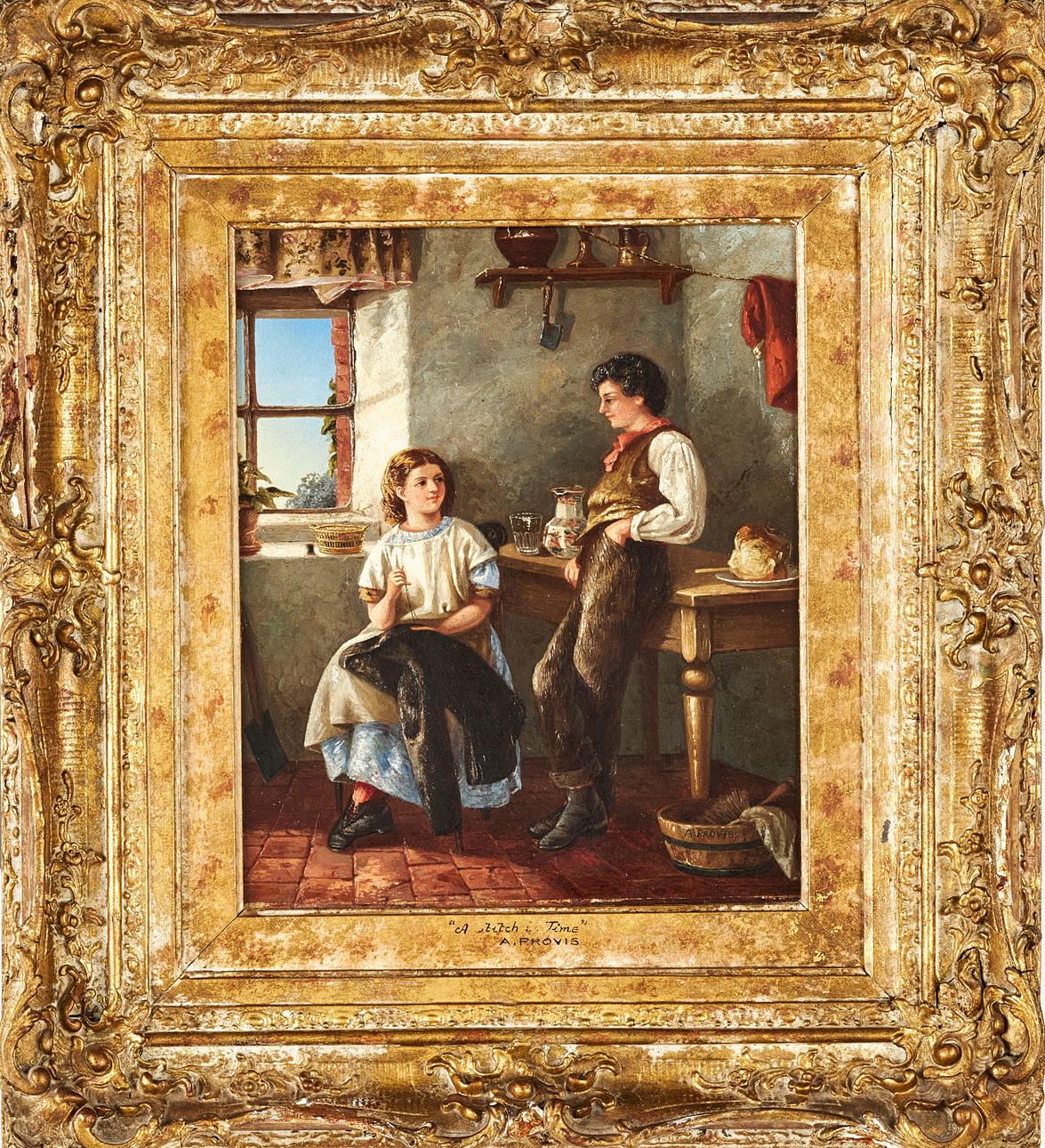 ALFRED PROVIS. Interieur mit Mädchen und Knaben, Öl auf Leinwand ...