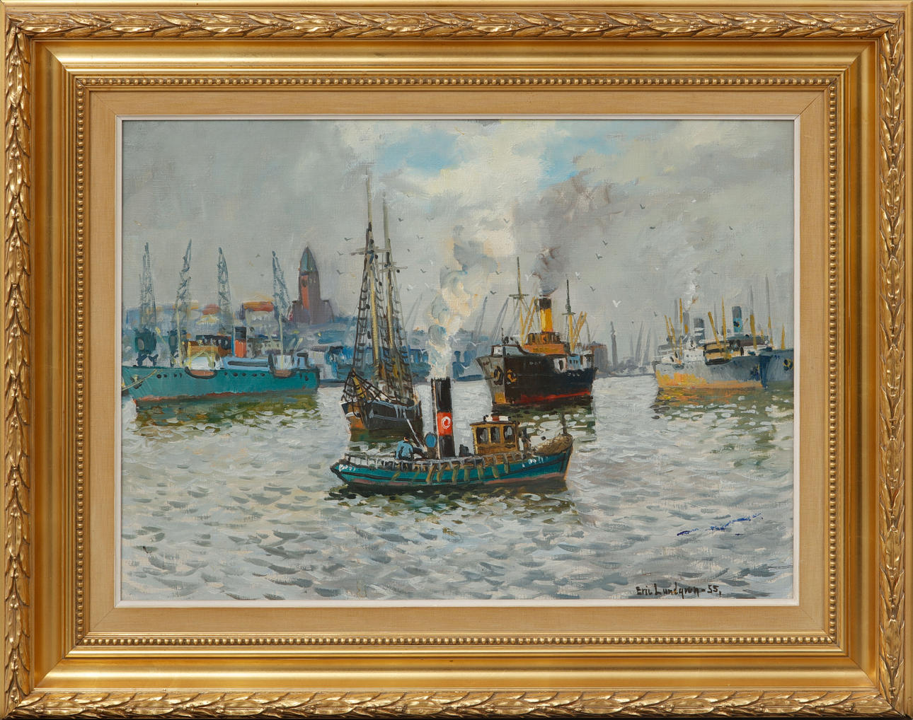 ERIC LUNDGREN. Port of Gothenburg, oil on canvas, signed and dated 55 ...