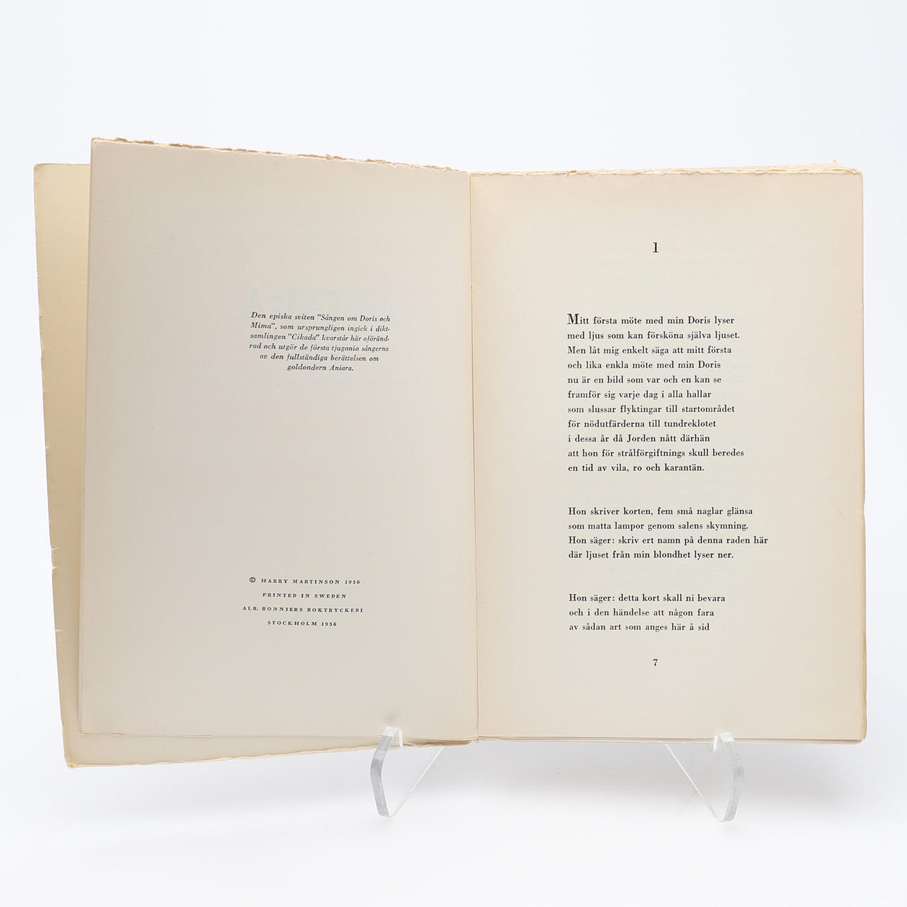 HARRY MARTINSONS ANIARA I FÖRSTA UPPLAGAN 1956 MED DEDIKATION TILL ELSA ...
