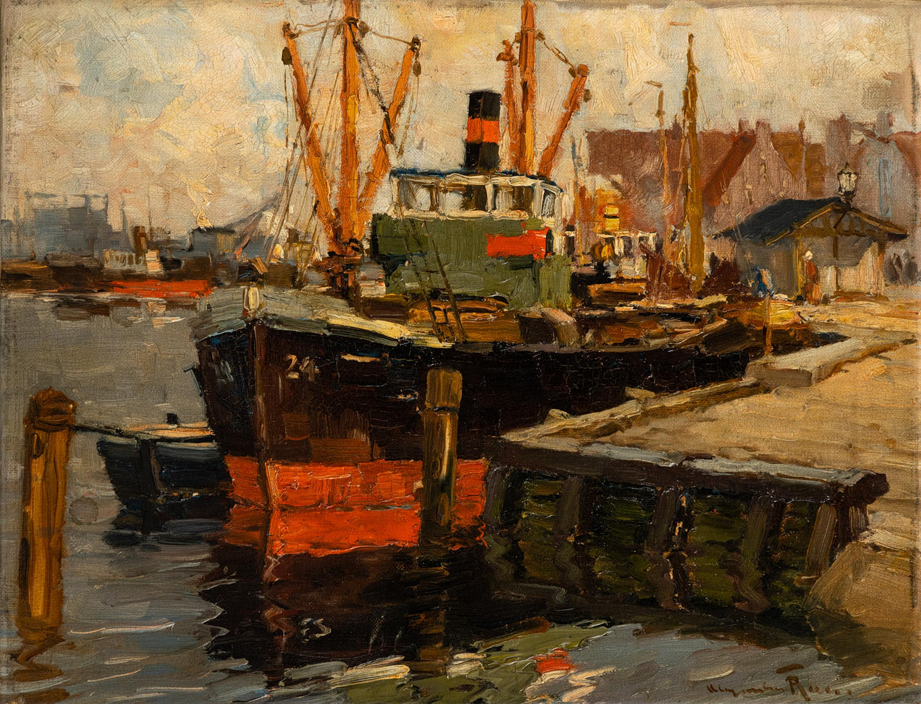 ALEXANDER RAU (1878-1944). Fiske trålare i hamnen. Konst - Måleri ...