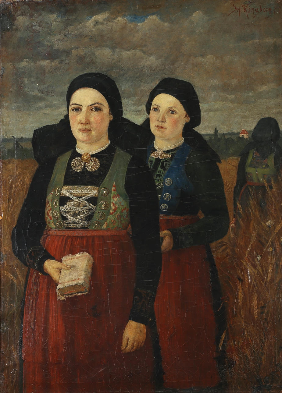 JOHAN NILSSON KLINGBORG. Women in folk costumes with Bible in hand, oil ...
