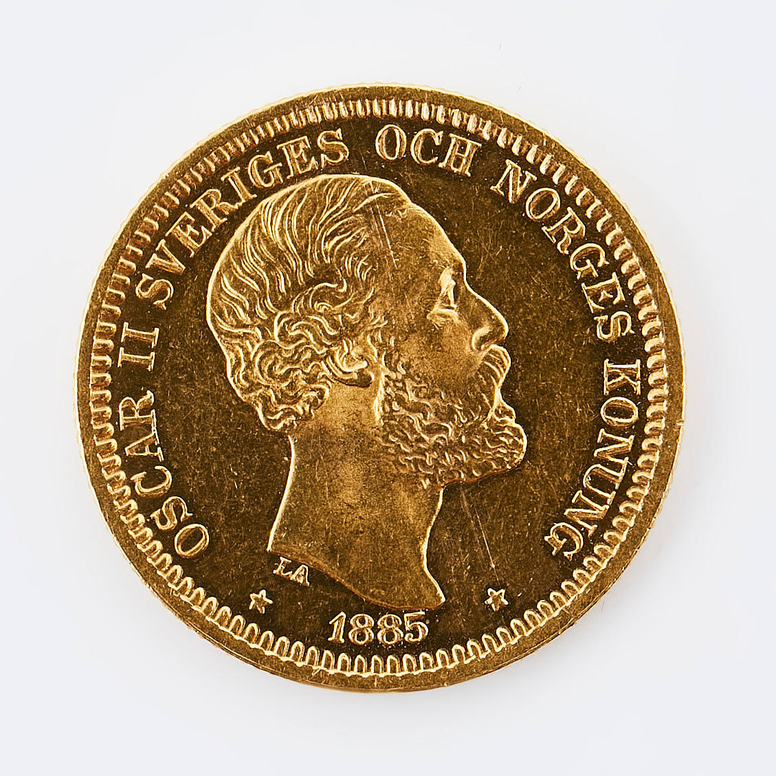 GULDMYNT, Oscar II, 20 kr, 1885, 21,6 k. Mynt, Medaljer & Frimärken ...