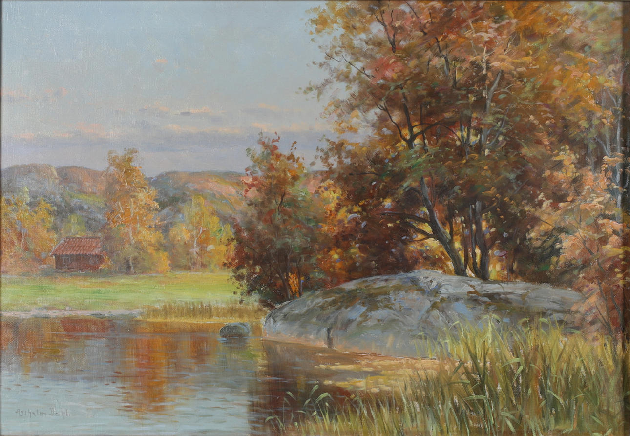 ANSHELM DAHL (1897-1964). Olja på duk, stuga vid insjö i höstlandskap ...