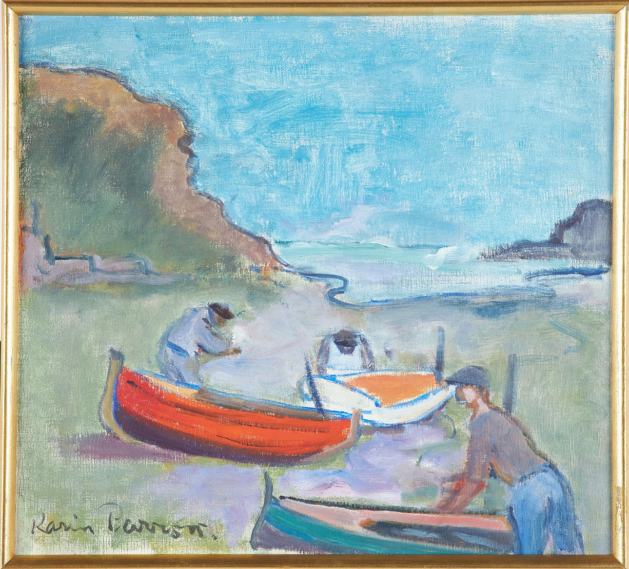 KARIN PARROW. Fiskare vid kusten, signerad Karon Parrow, olja på duk ...