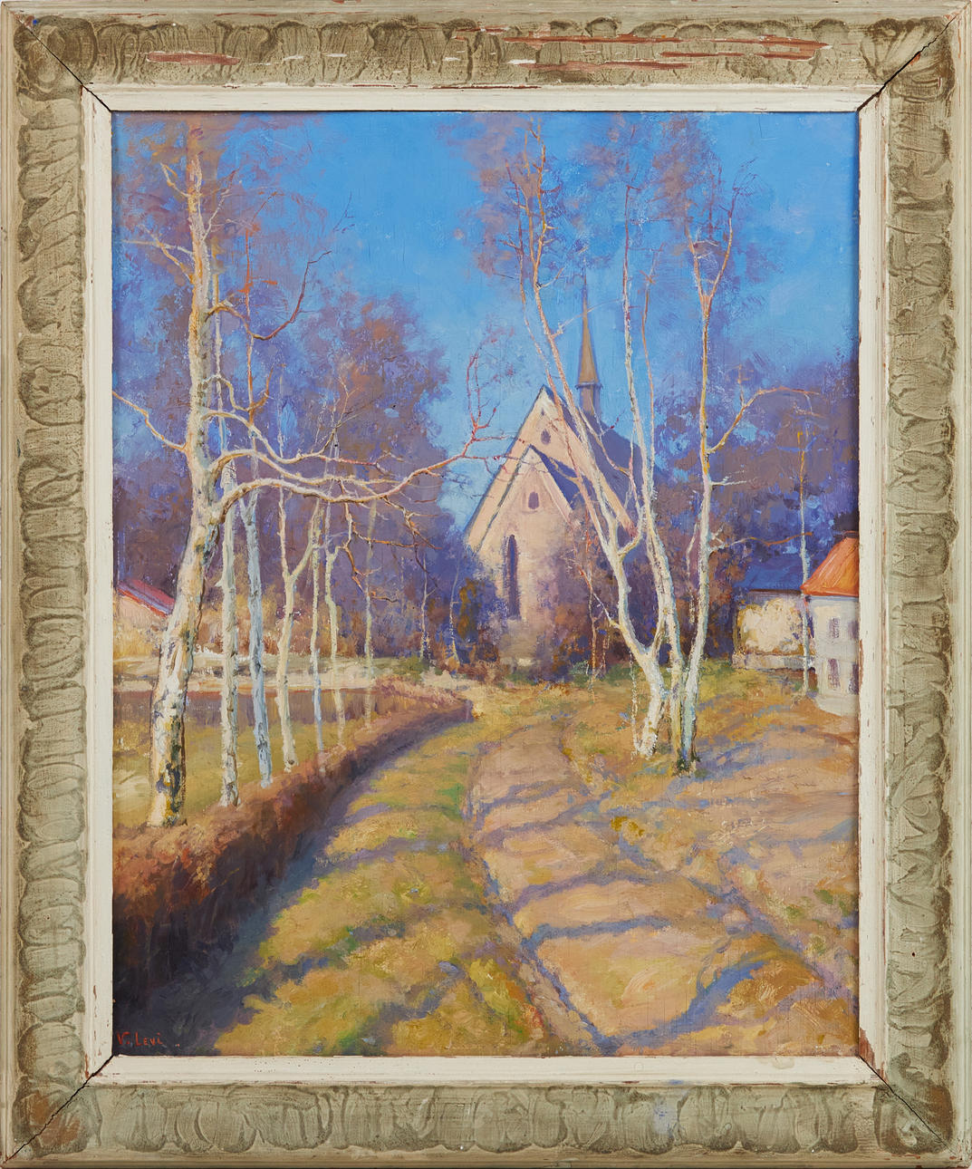 VASILI LEVI (1878-1954).Vårlandskap med kyrka, oljemålning npå pannå, signerad V. Levi. Konst ...