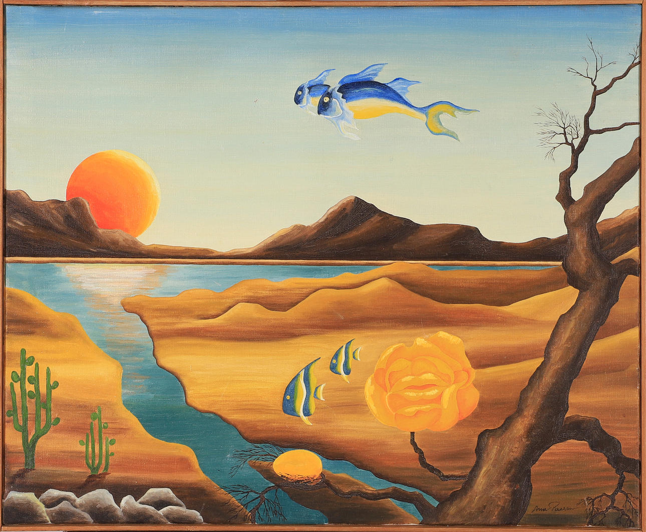 ARNE PERSSON. Komposition med fiskar och sol, olja på duk, signerad ...