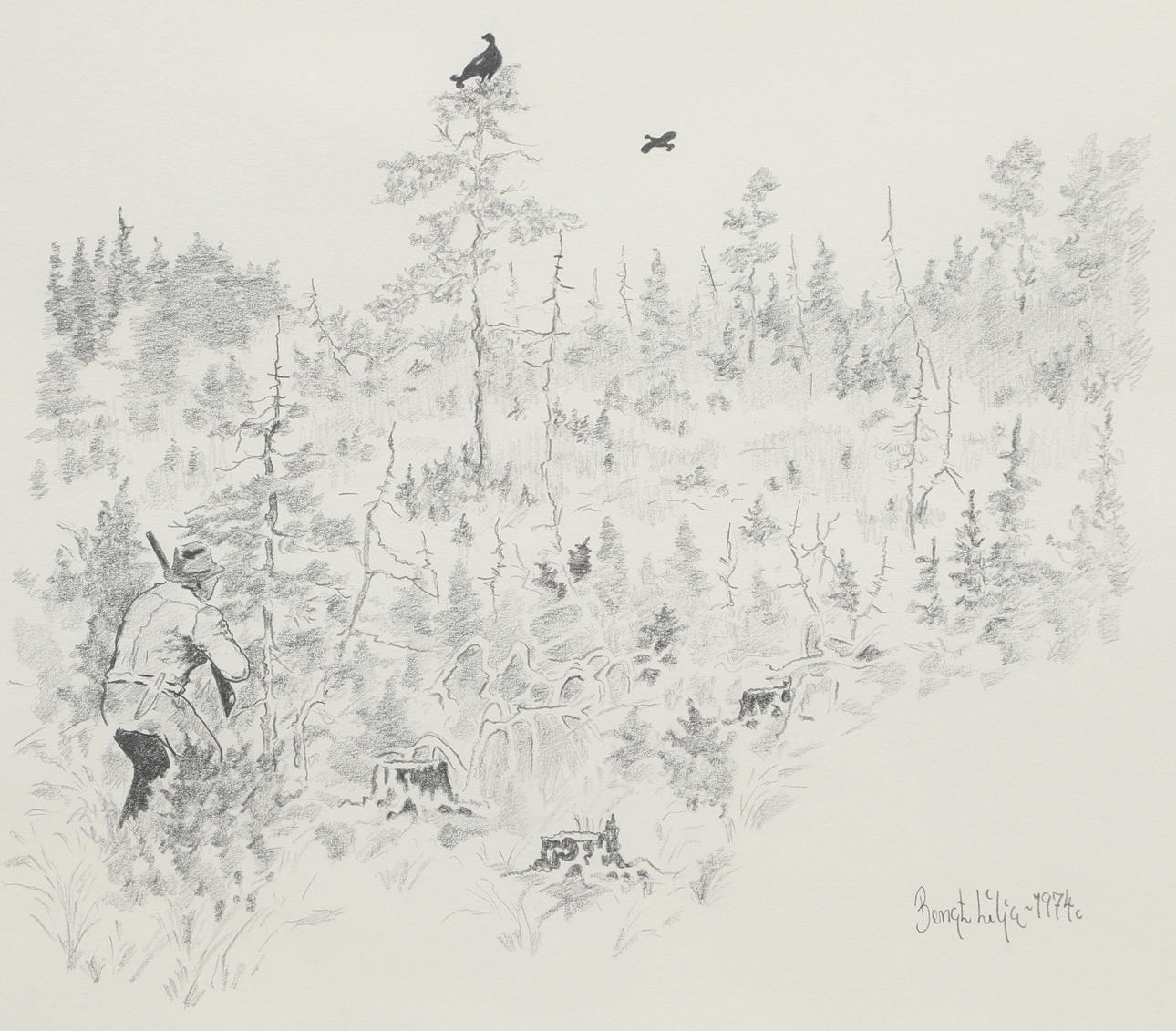 BENGT LILJA. Teckning, jakt, signerad, 1974. Konst - Teckningar - Auctionet