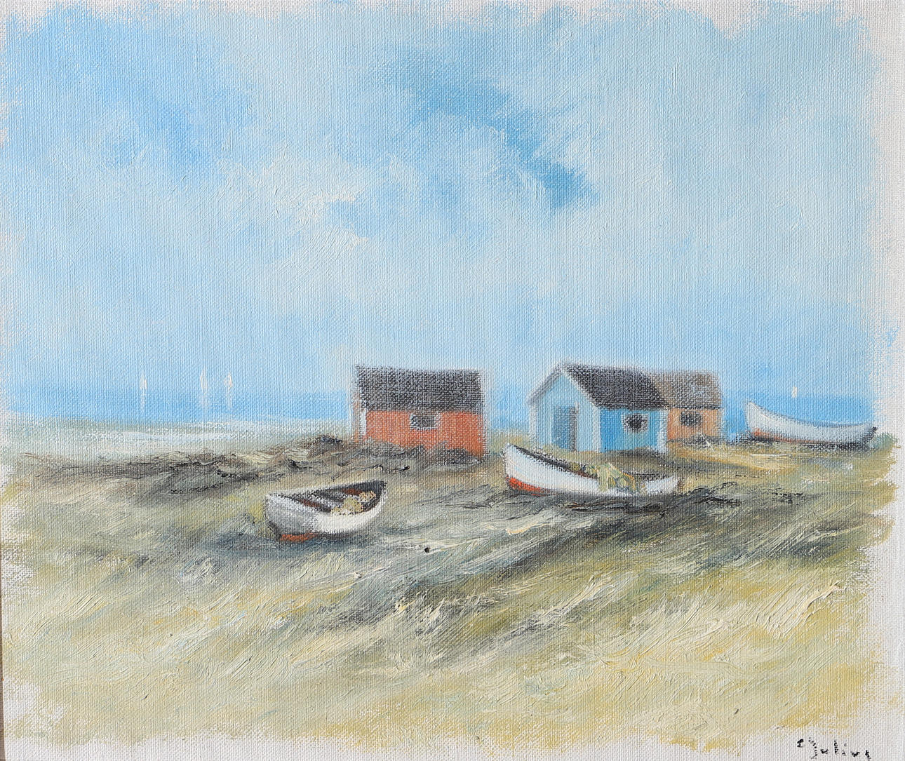 CARL JULIUS. Coastal scene with boats and fishing huts, oil on canvas ...