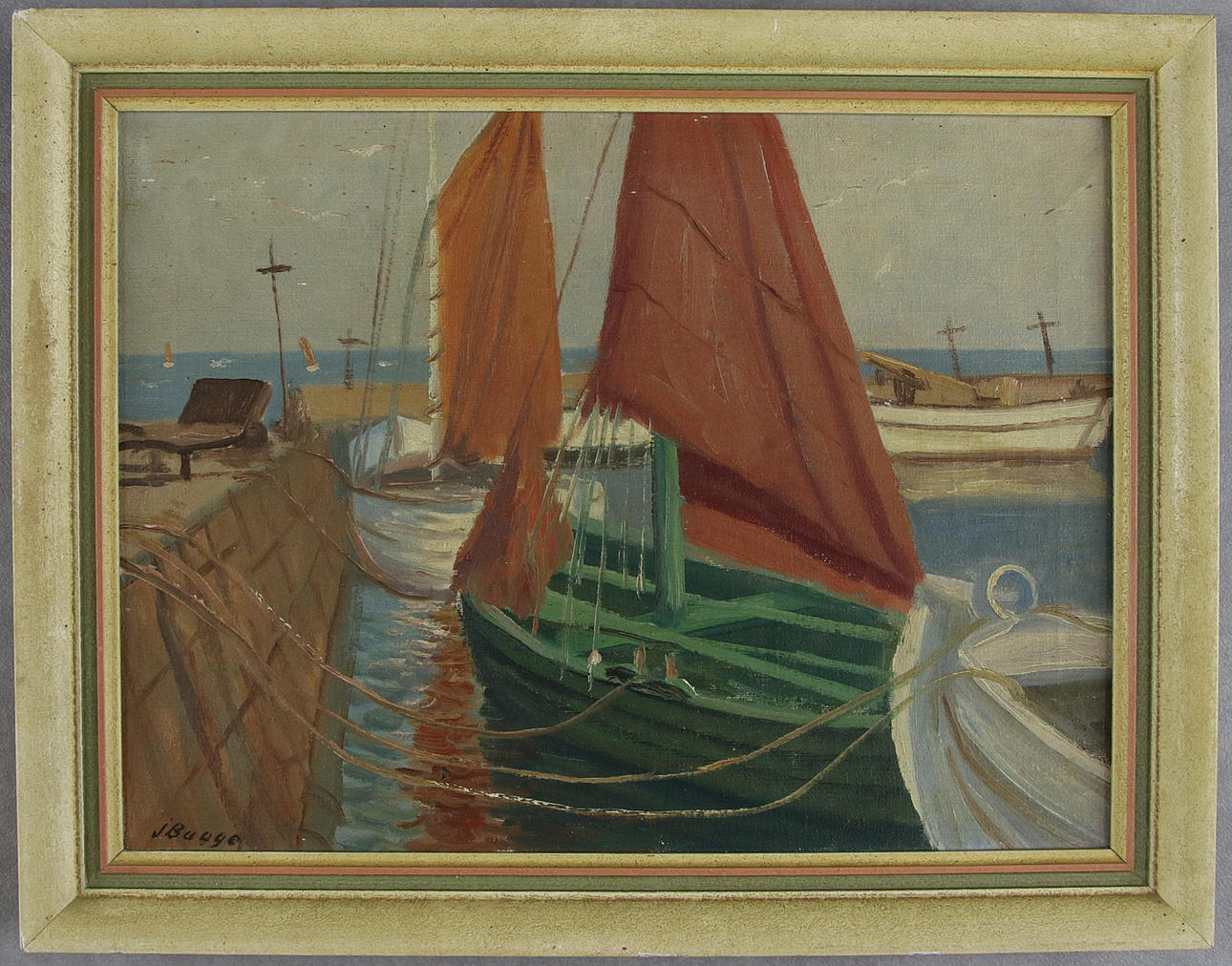 JULIUS BAGGE. Oil on canvas, fishing boats at the wharf, signed. Art ...