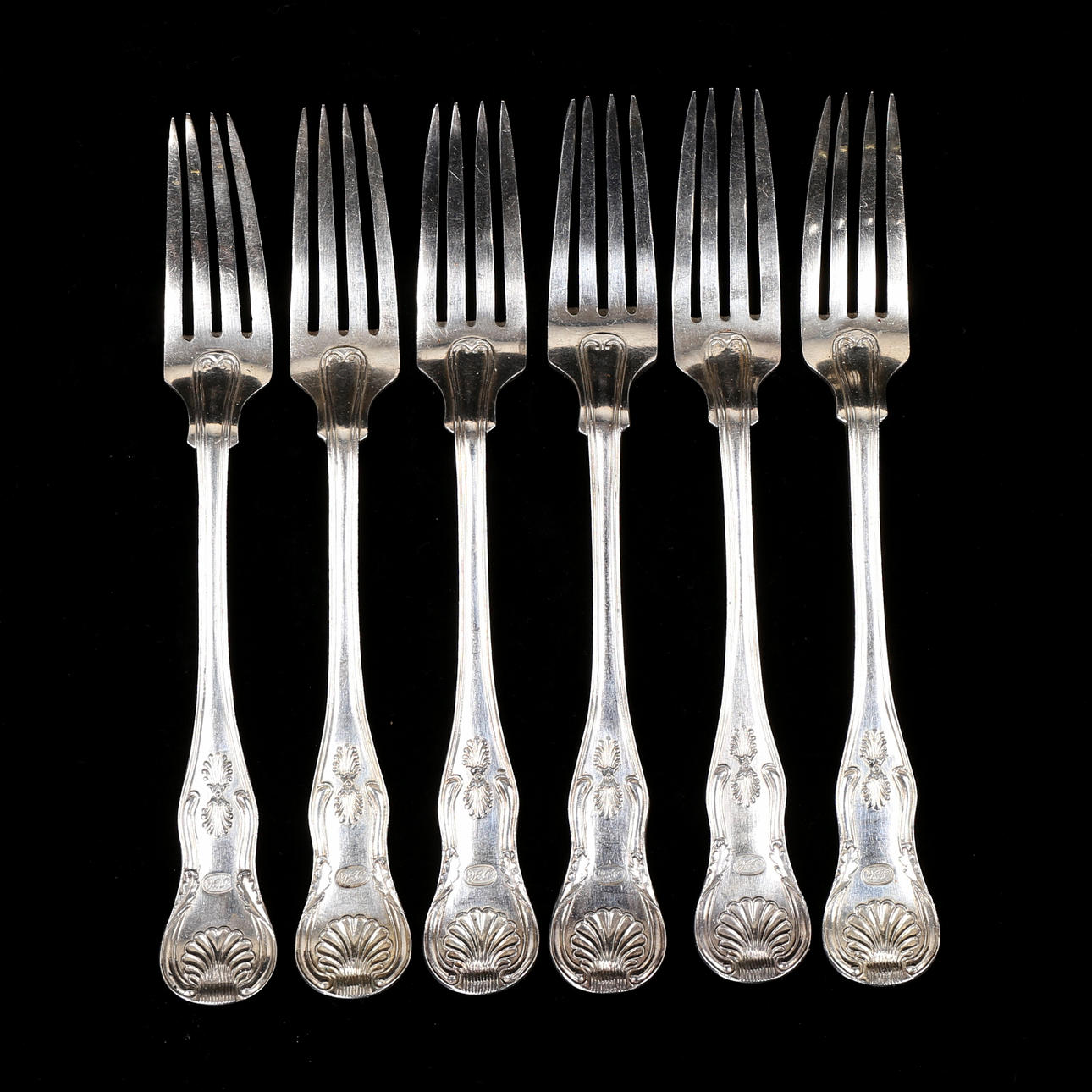 GUSTAF WALLIN. Gafflar, 6 st, silver, "Engelsk Snäck", 1865, 1869 ...