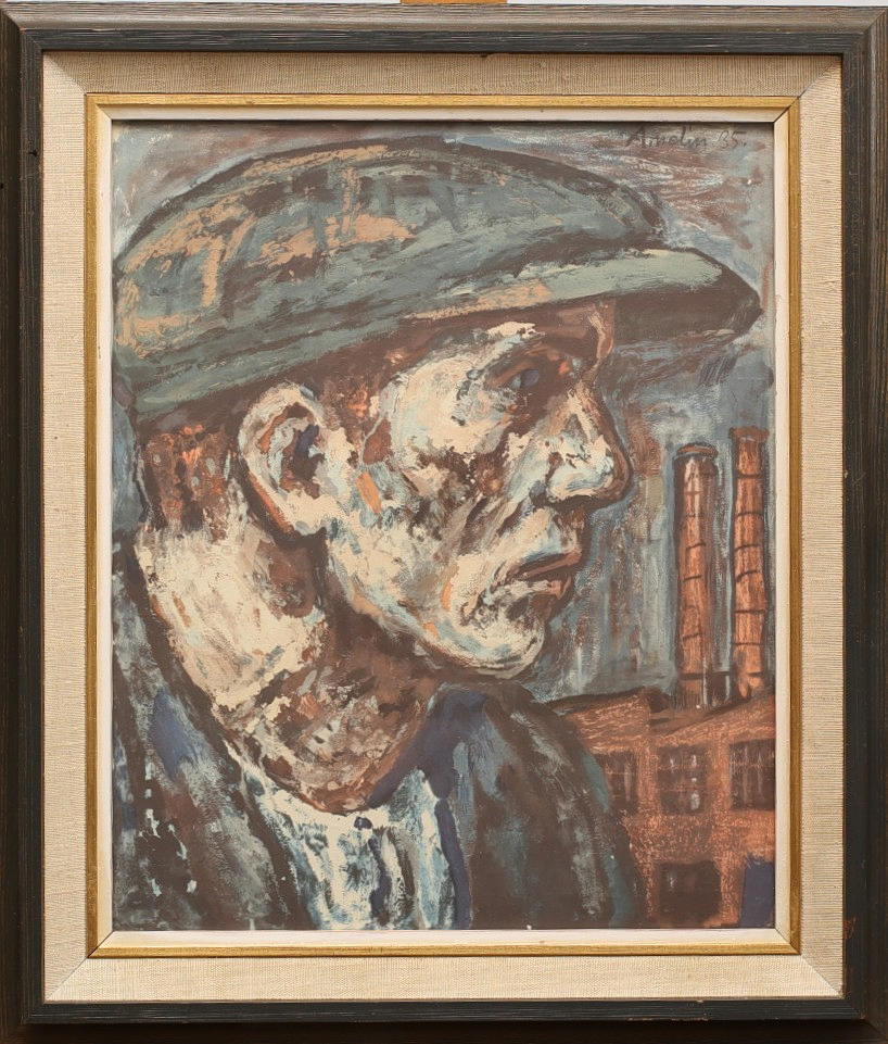 ALBIN AMELIN. Industriarbetare framför fabriksbyggnad, signerad i ...