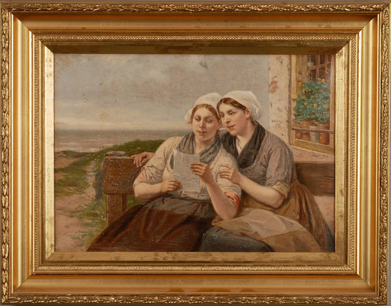 HENRI BOURCE. Women reading letters, oil on canvas, signed Henri Bource ...