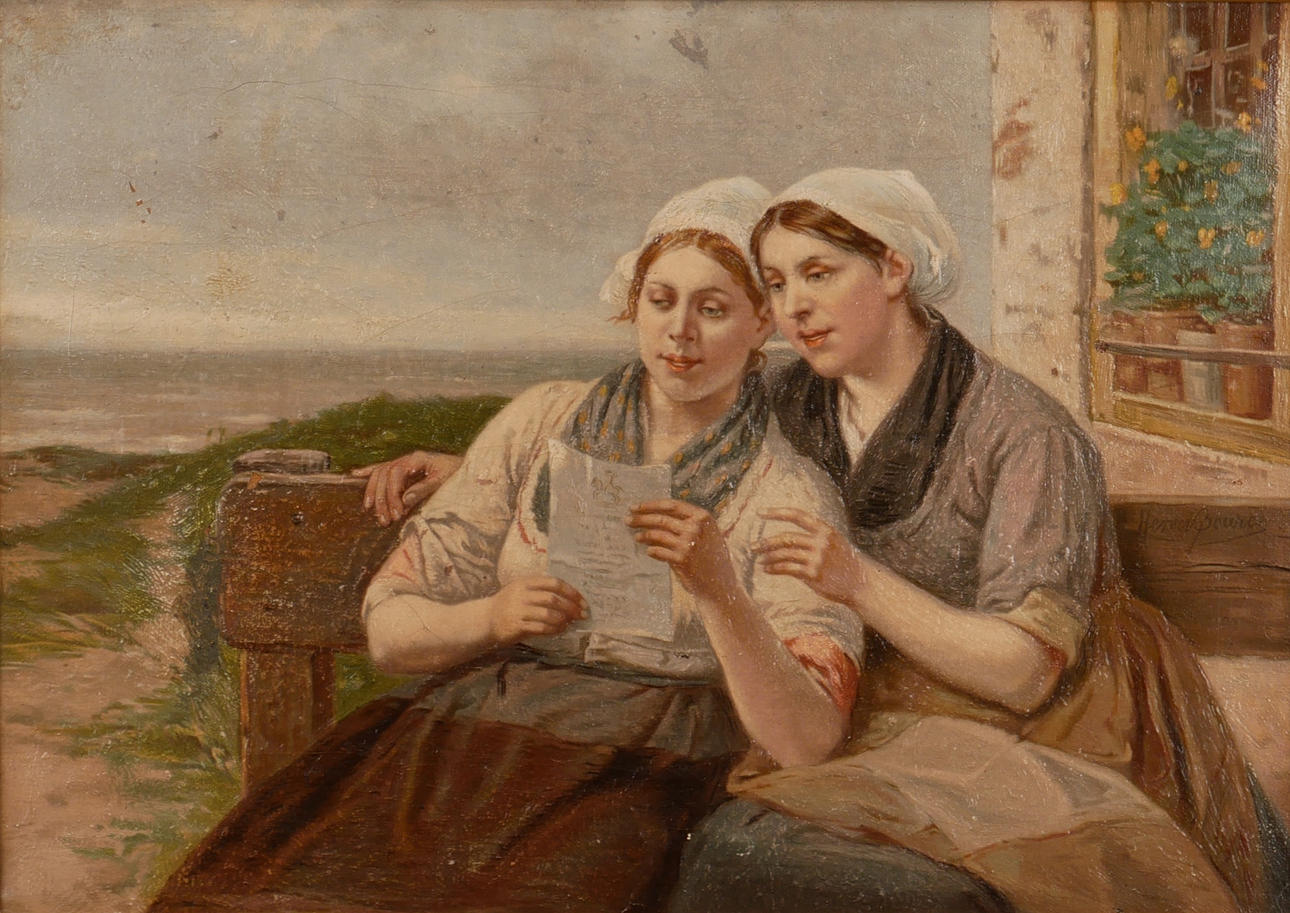 HENRI BOURCE. Women reading letters, oil on canvas, signed Henri Bource ...