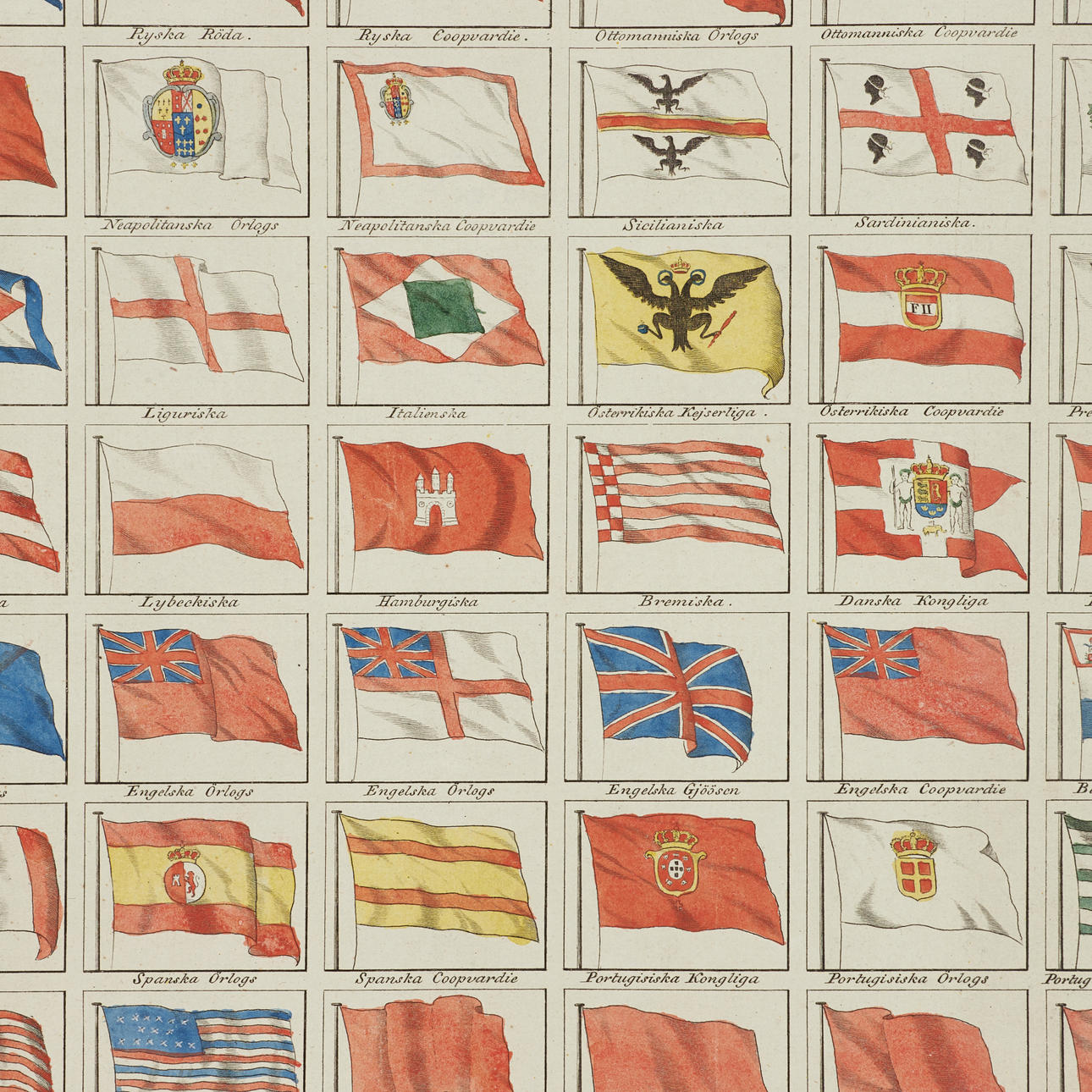 ENGRAVING, "TABLE OF THE FLAGS OF ALL NATIONS NOW IN USE", Year 1805 ...
