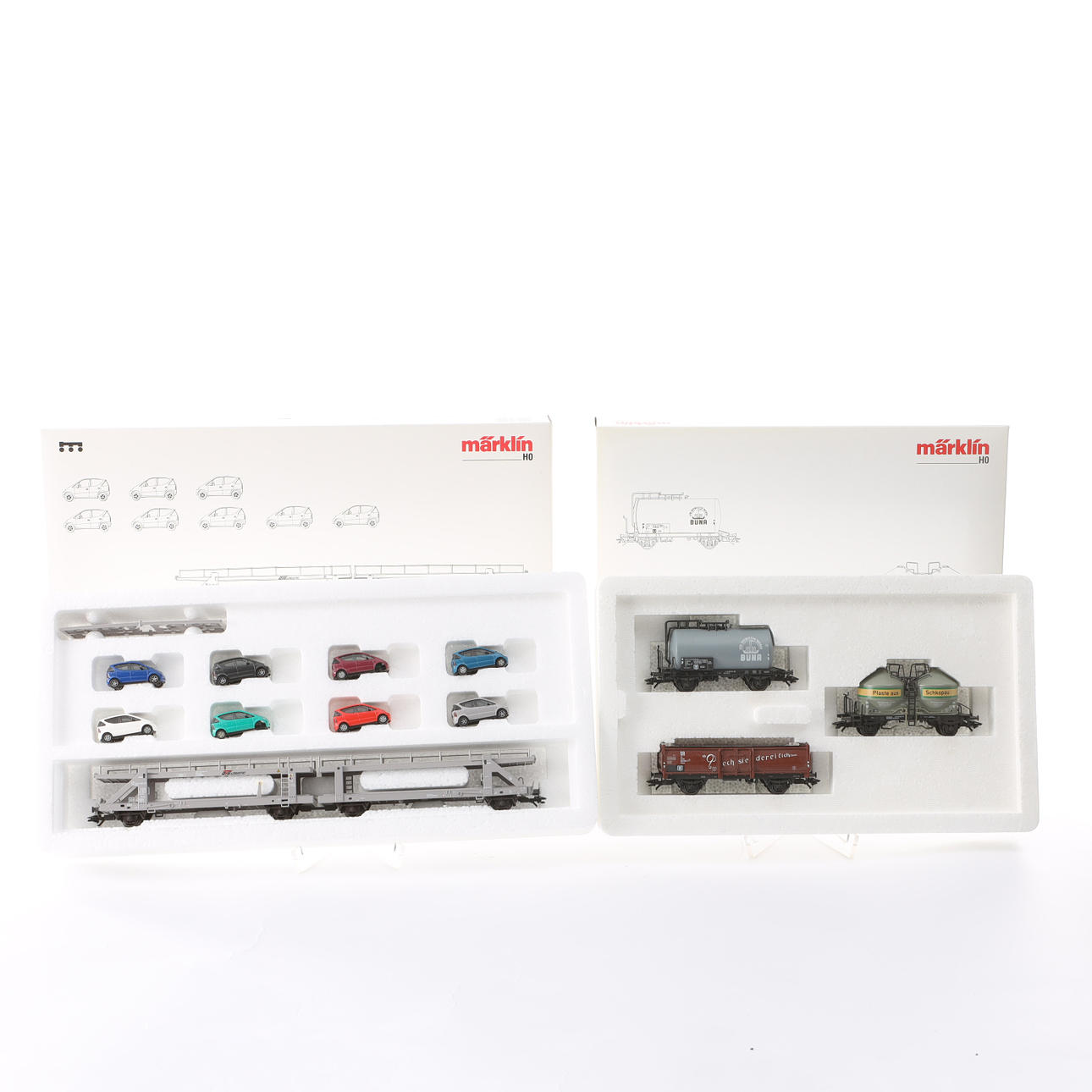 MÄRKLIN 47122 och 47909, 3 godsvagnar och en biltransportvagn med 8 ...