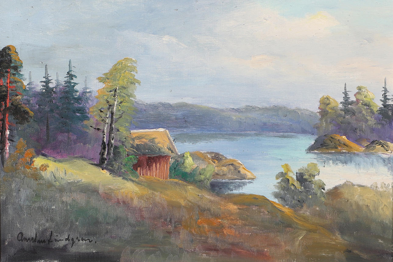 ANDERS LINDGREN. Landskap med sjö, olja på duk, signerad. Konst ...