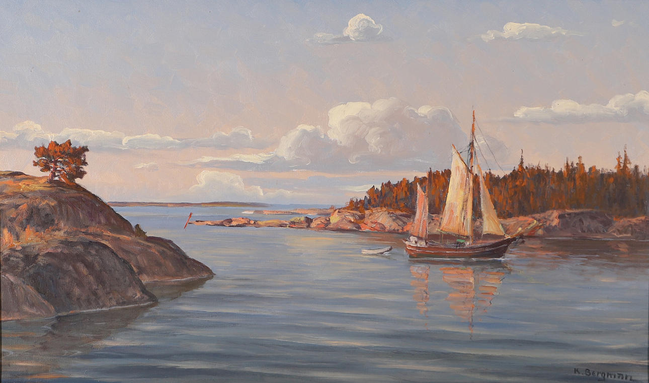 KARL BERGMAN. Coastal scene with sunlit pines, oil on canvas, signed ...