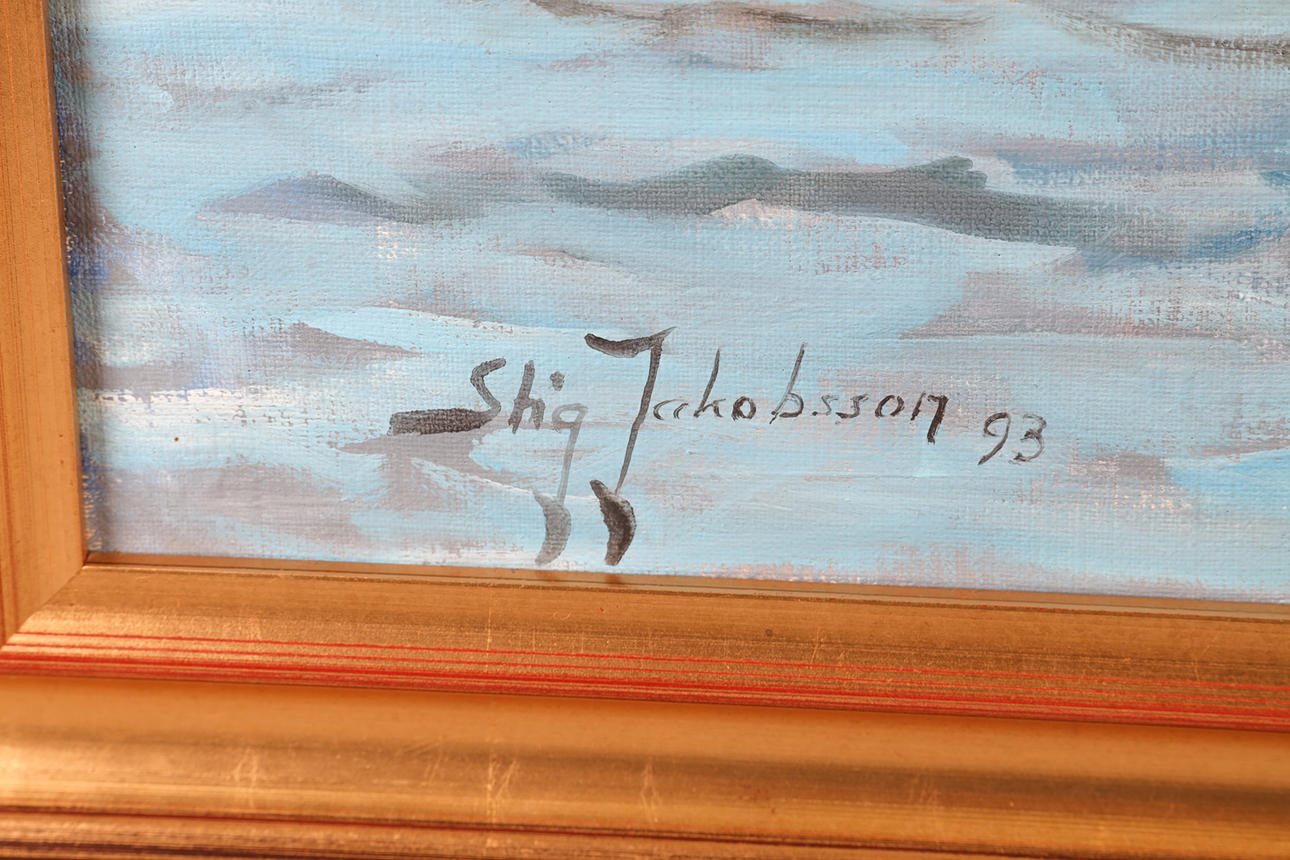 STIG JAKOBSSON (FÖDD 1935). "Ejdrar på kobbe", olja på duk. Konst ...