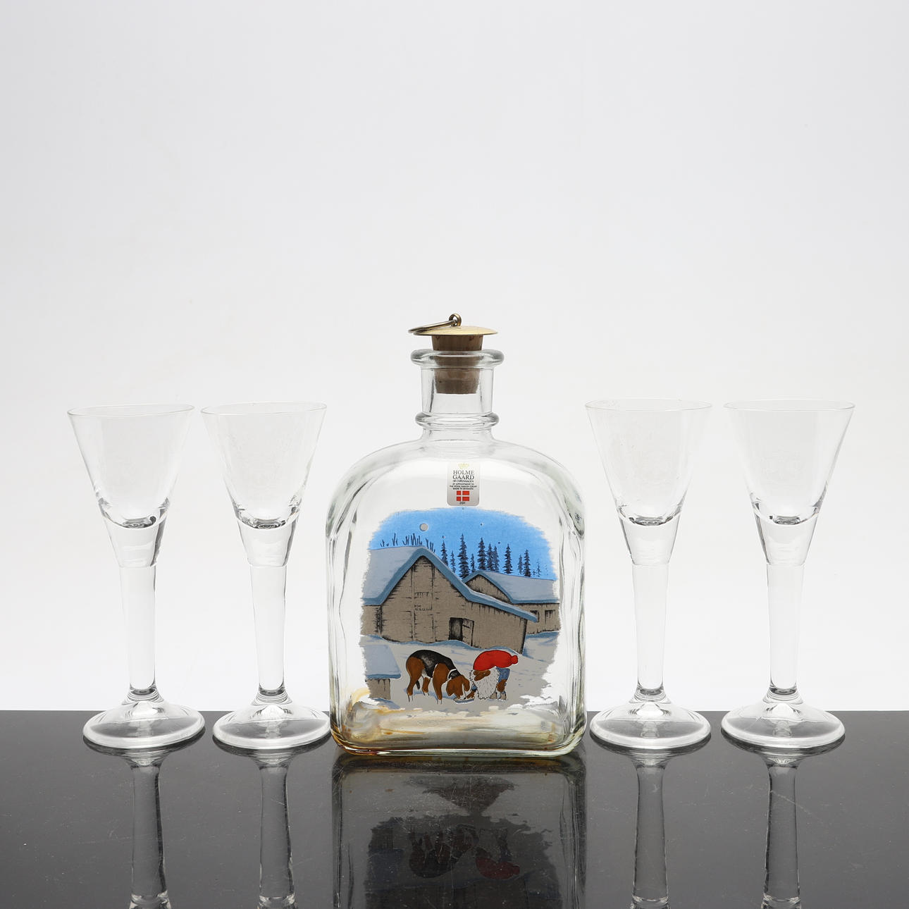 FLASKA och SNAPSGLAS, 5 delar, glas, b.la. Holmegaard, Danmark. Glas ...