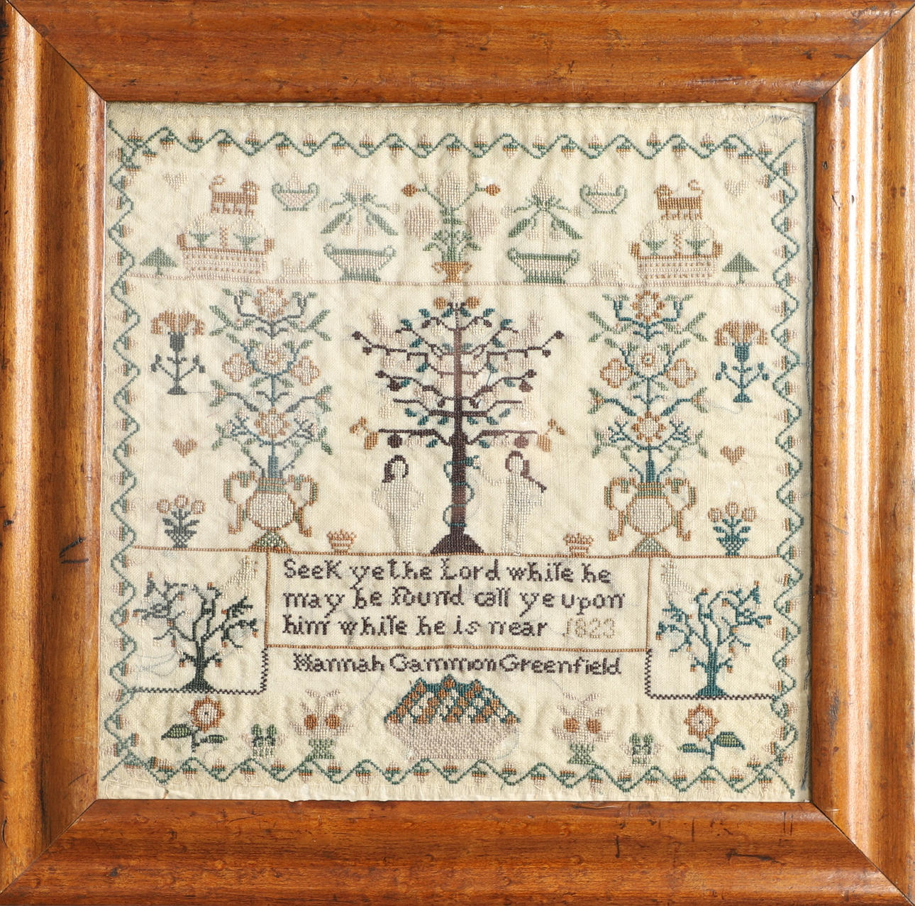 AN EARLY 19TH CENTURY PICTORIAL NEEDLEWORK SAMPLER. Miscellaneous ...