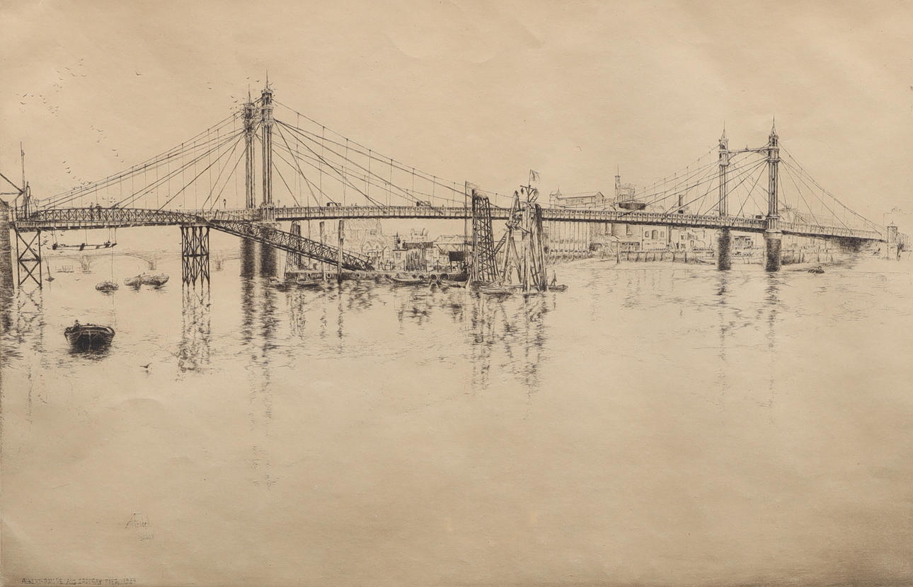 AXEL FRIDELL. kuivaneulaetsaus, ”Albert Bridge and Cadogan Pier ...