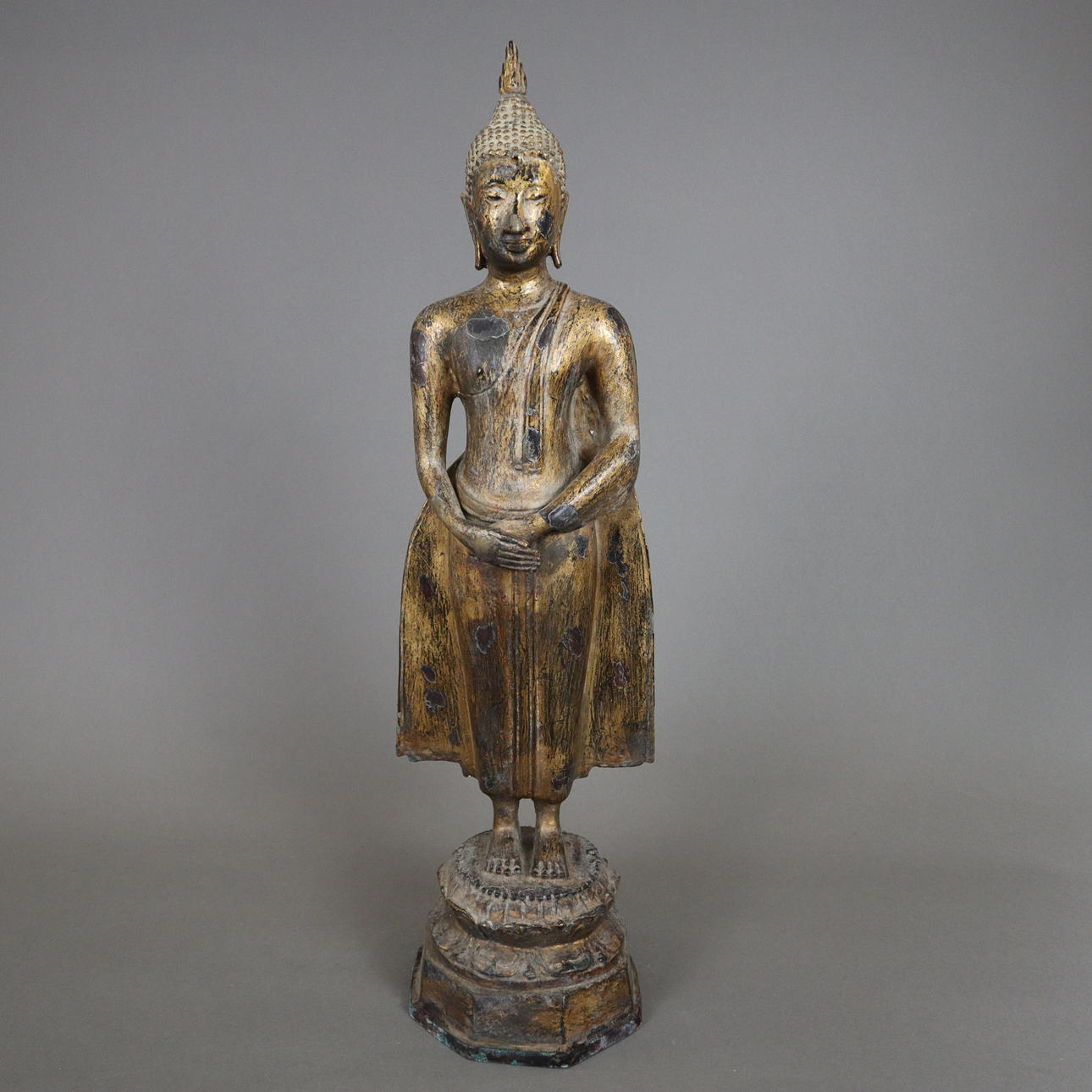 Standing Buddha figure - Thailand, bronze with remnants of gold lacquer ...