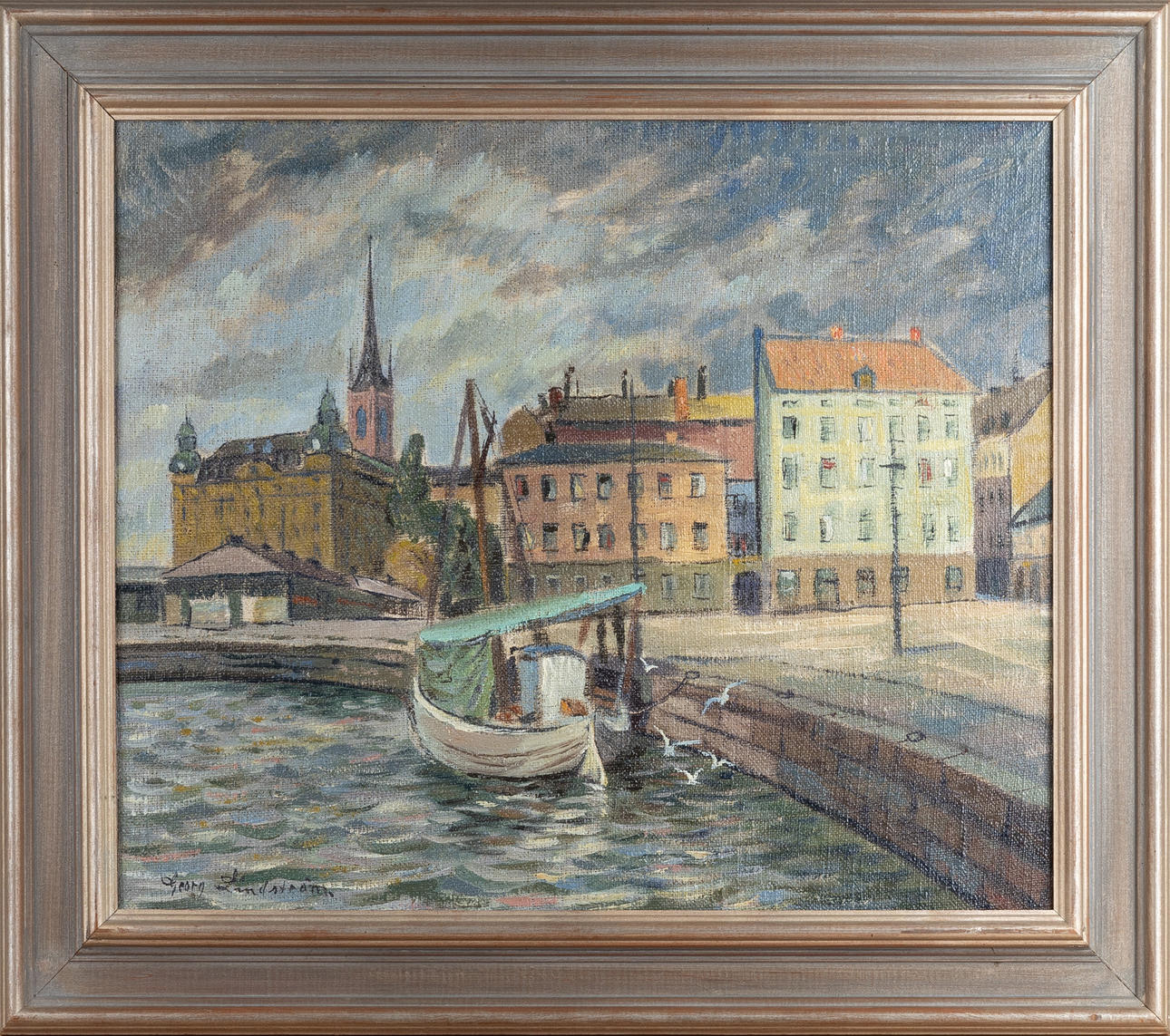 GEORG LINDSTRÖM. Motiv över Riddarholmen och Munkbron, olja på duk ...