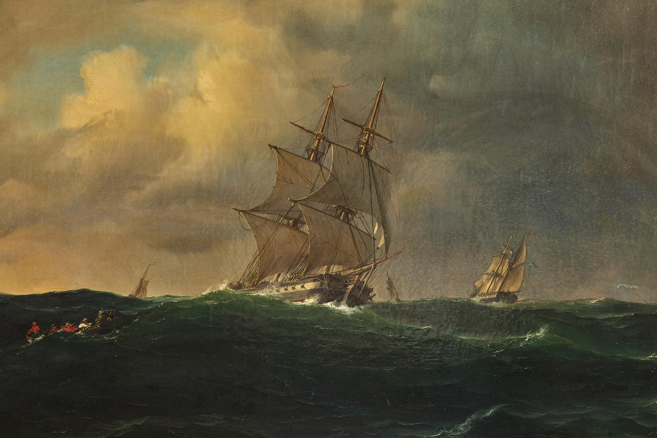 MARCUS LARSSON. ”Sjöstycke”. Marin med segelfartyg, ångbåt och figurer ...