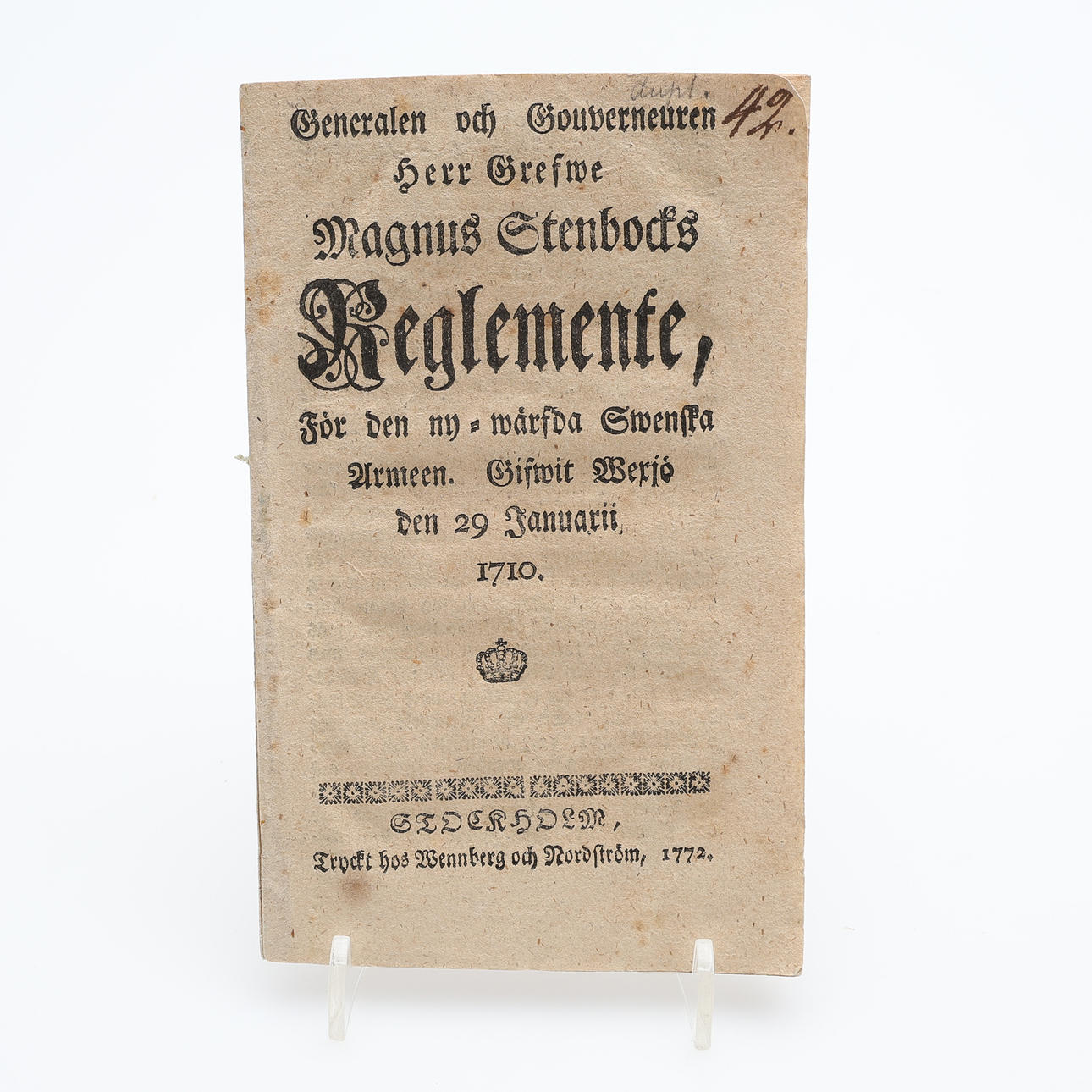 MILITARIA. GREVE MAGNUS STENBOCKS REGLEMENTE, FÖR DEN NY-WÄRFDA SWENSKA ...